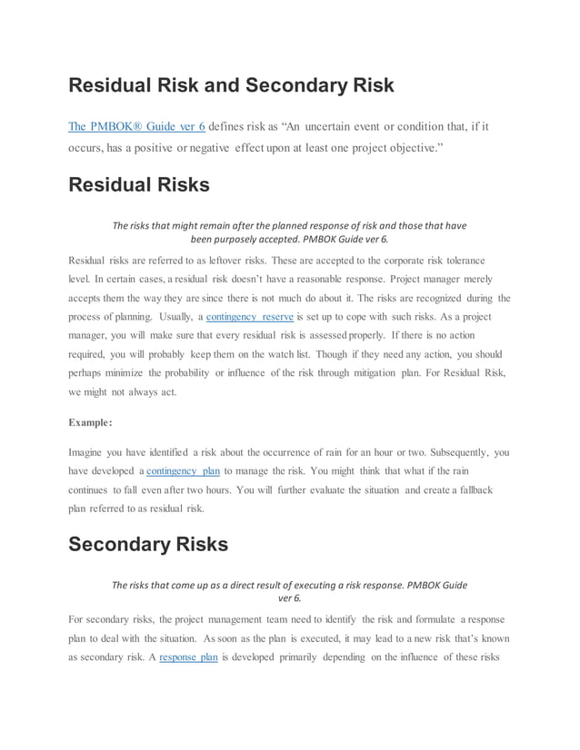 Residual risk and secondary risk - PMP/CAPM from PMI | PDF