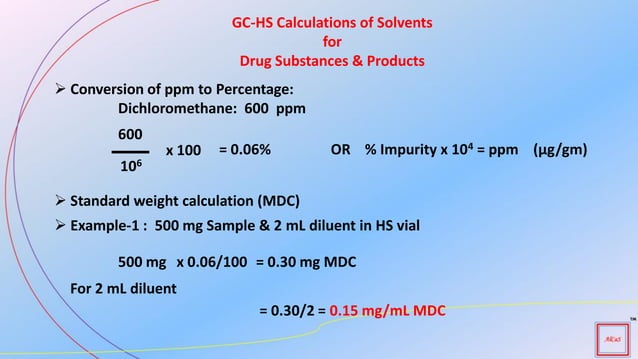 Residual Solvent Analysis; part 1 GC-Head Space Calculations of Residual Solvents in Drug ...