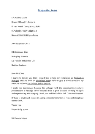 Resignation Letter Template 1 Month Notice