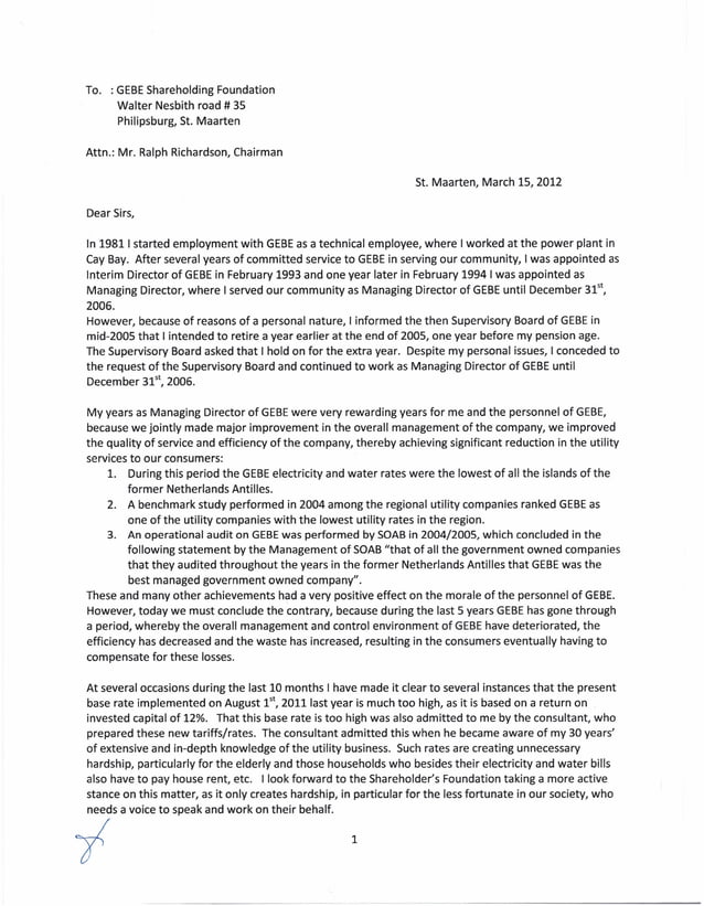 Mr ir. Julius A. Lambert Sends In His Resignation Letter To GEBE | PDF