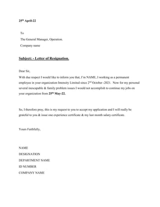 Resignation Letter Format For Family Problem