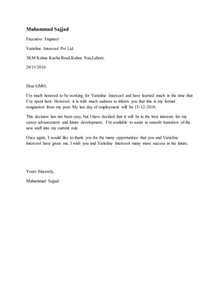 Resignation Letter Format For Civil Engineer
