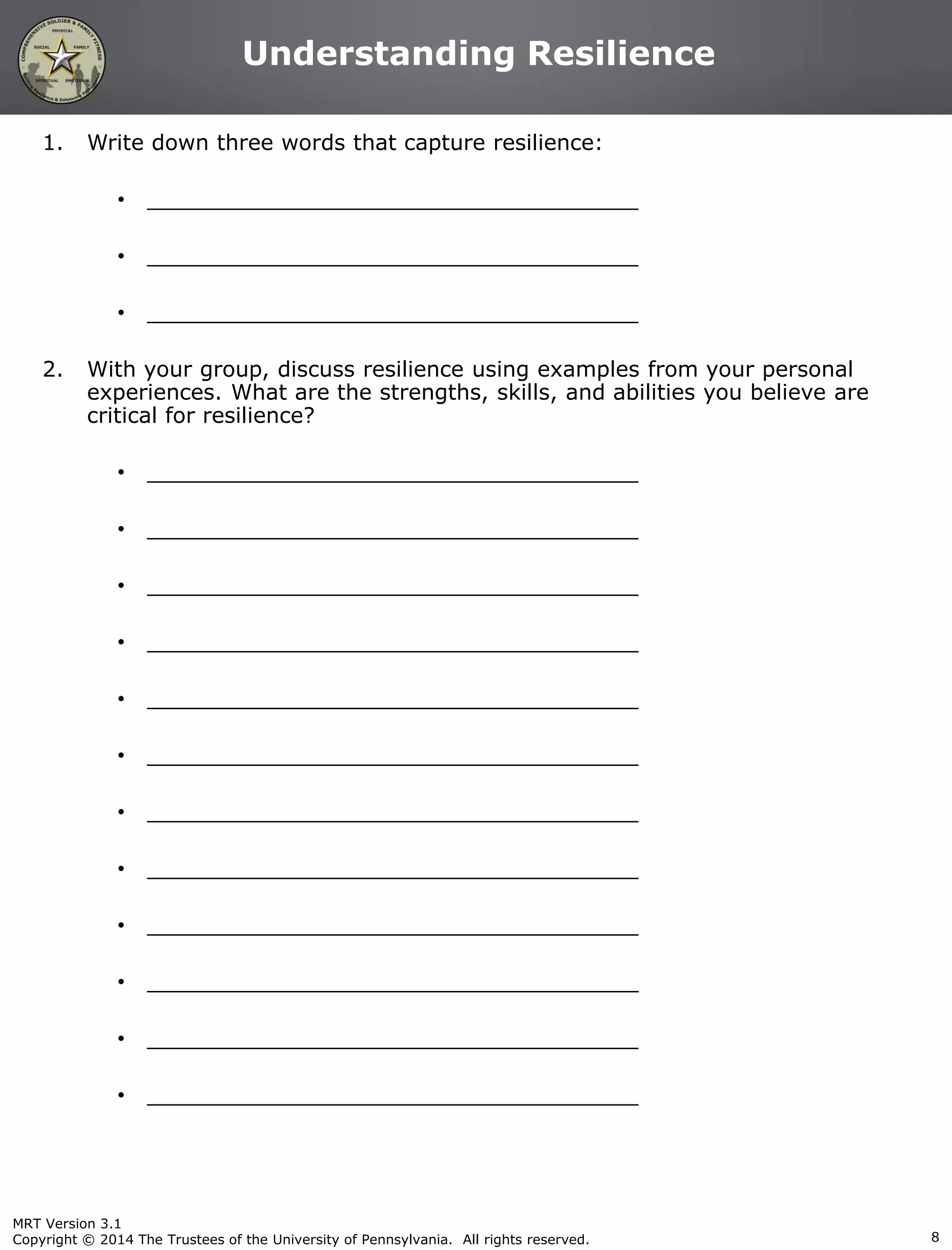 Handout for Resiliency Training (VTT) | PDF