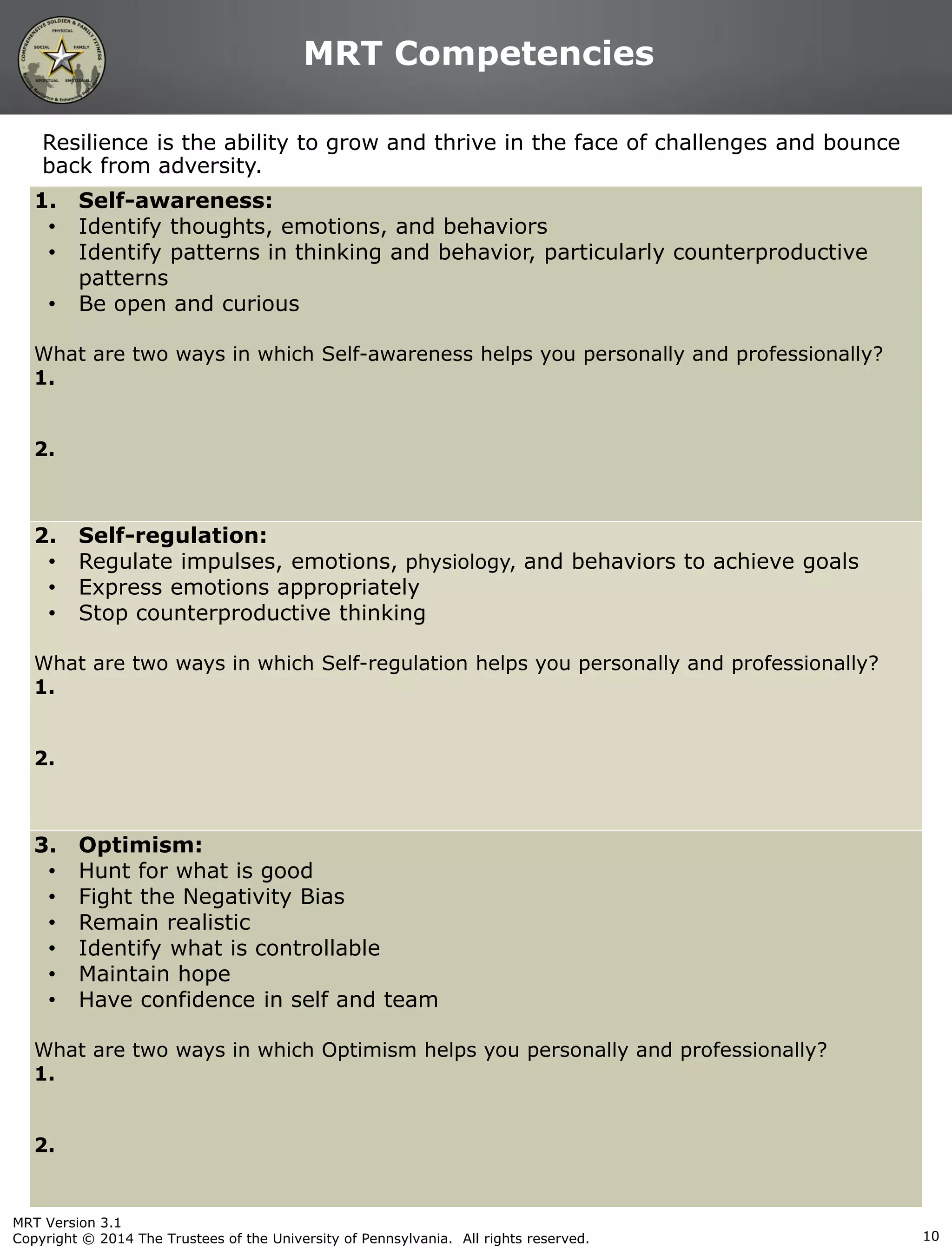 Handout for Resiliency Training (VTT) | PDF
