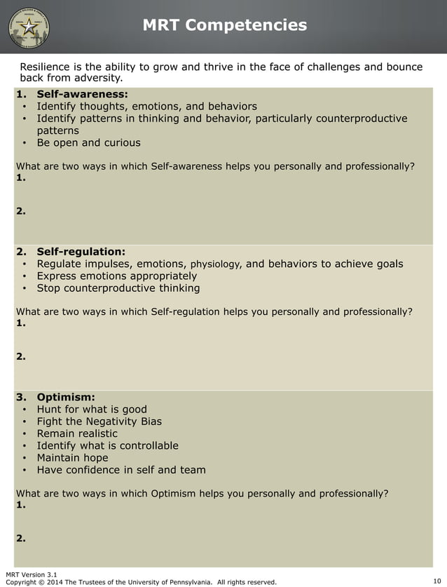 Handout for Resiliency Training (VTT) | PDF