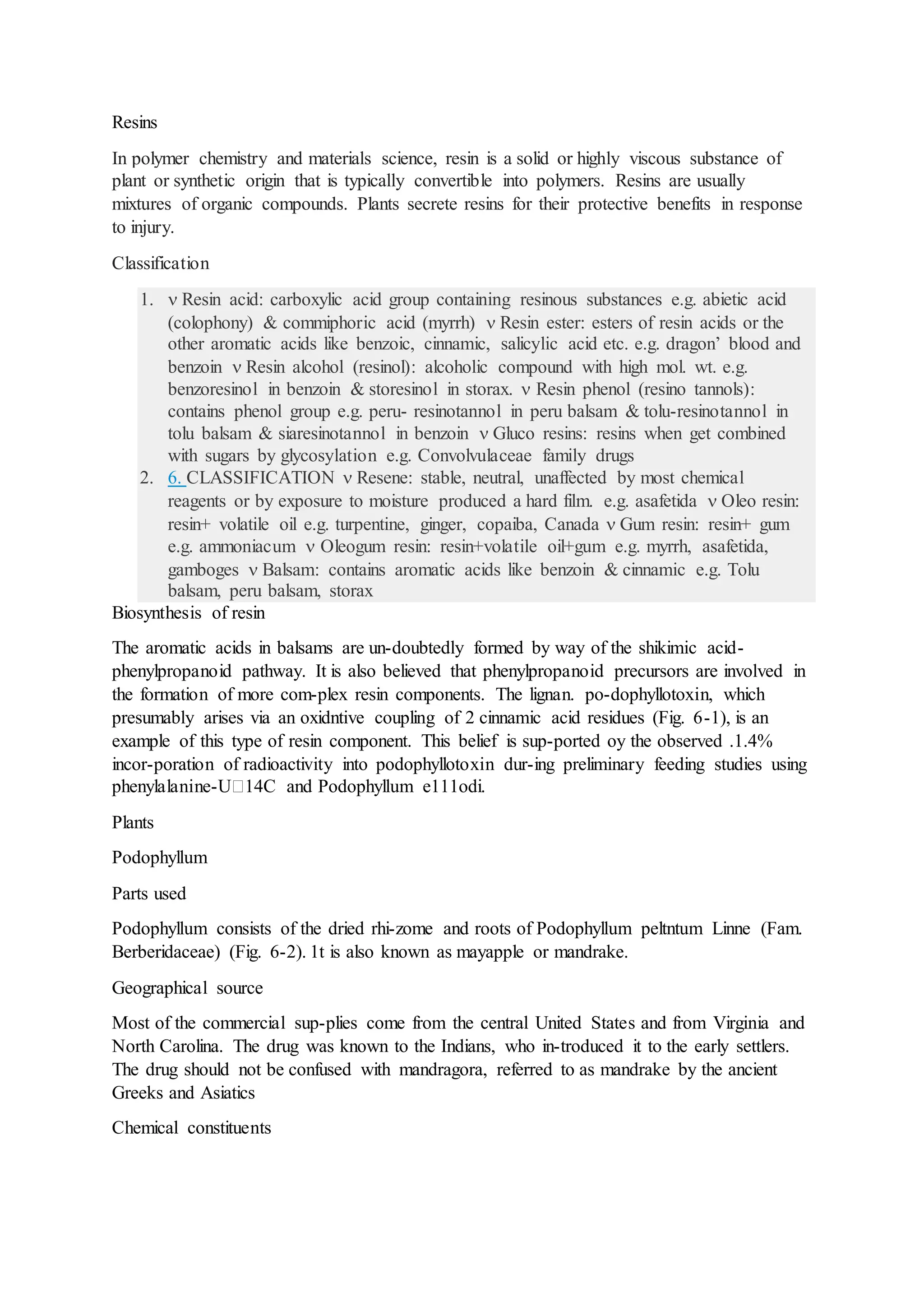 Resins and their types with balsams etc | DOCX