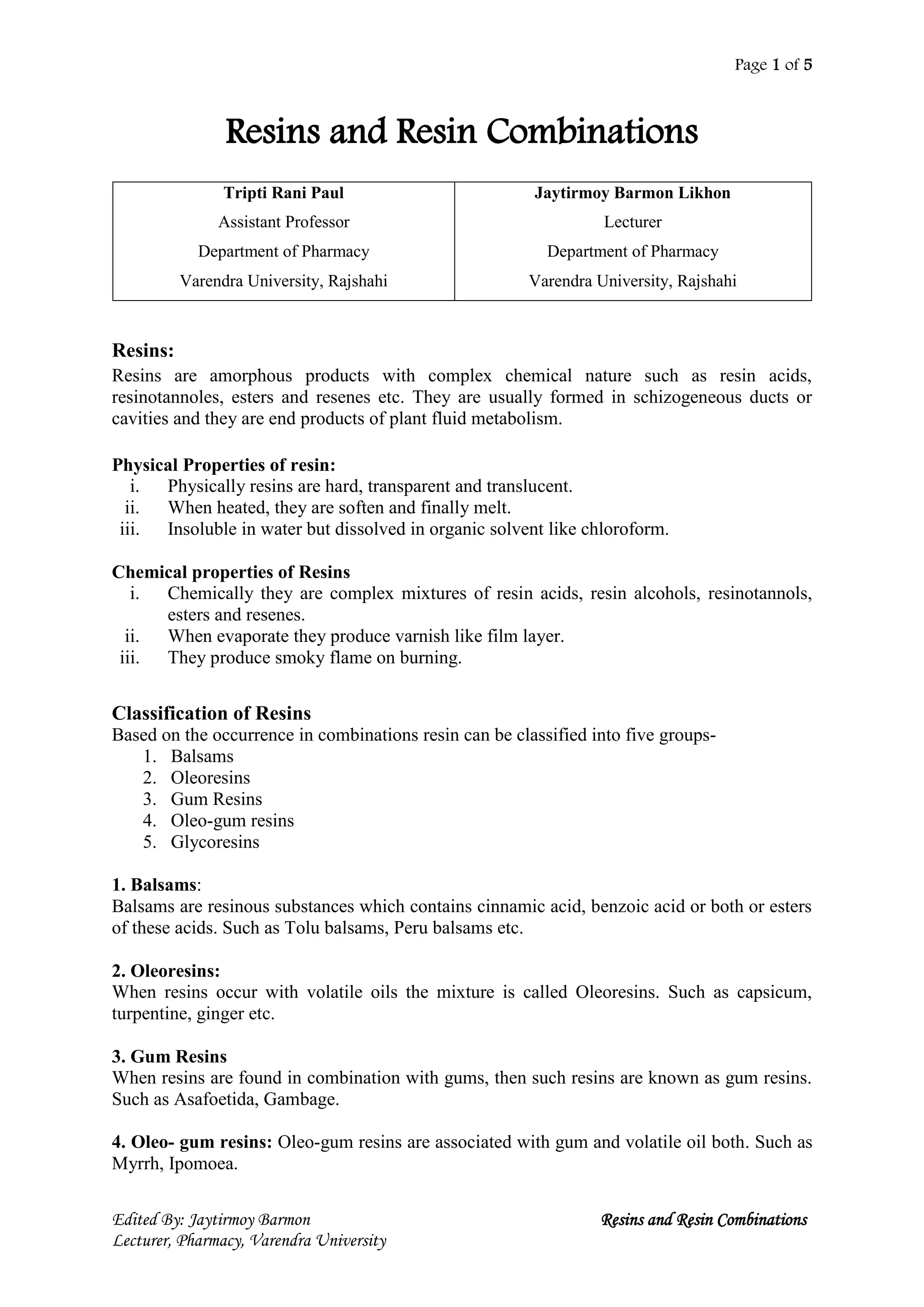Resins and resins combinations | PDF