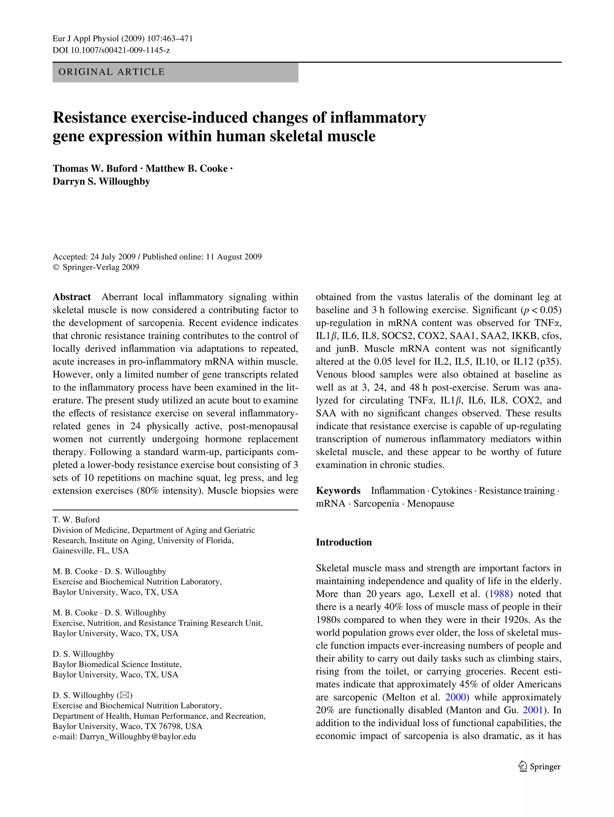 Resistance Exercise Induced Changes Of Inflammatory Gene Expression Within Human Skeletal Muscle ...