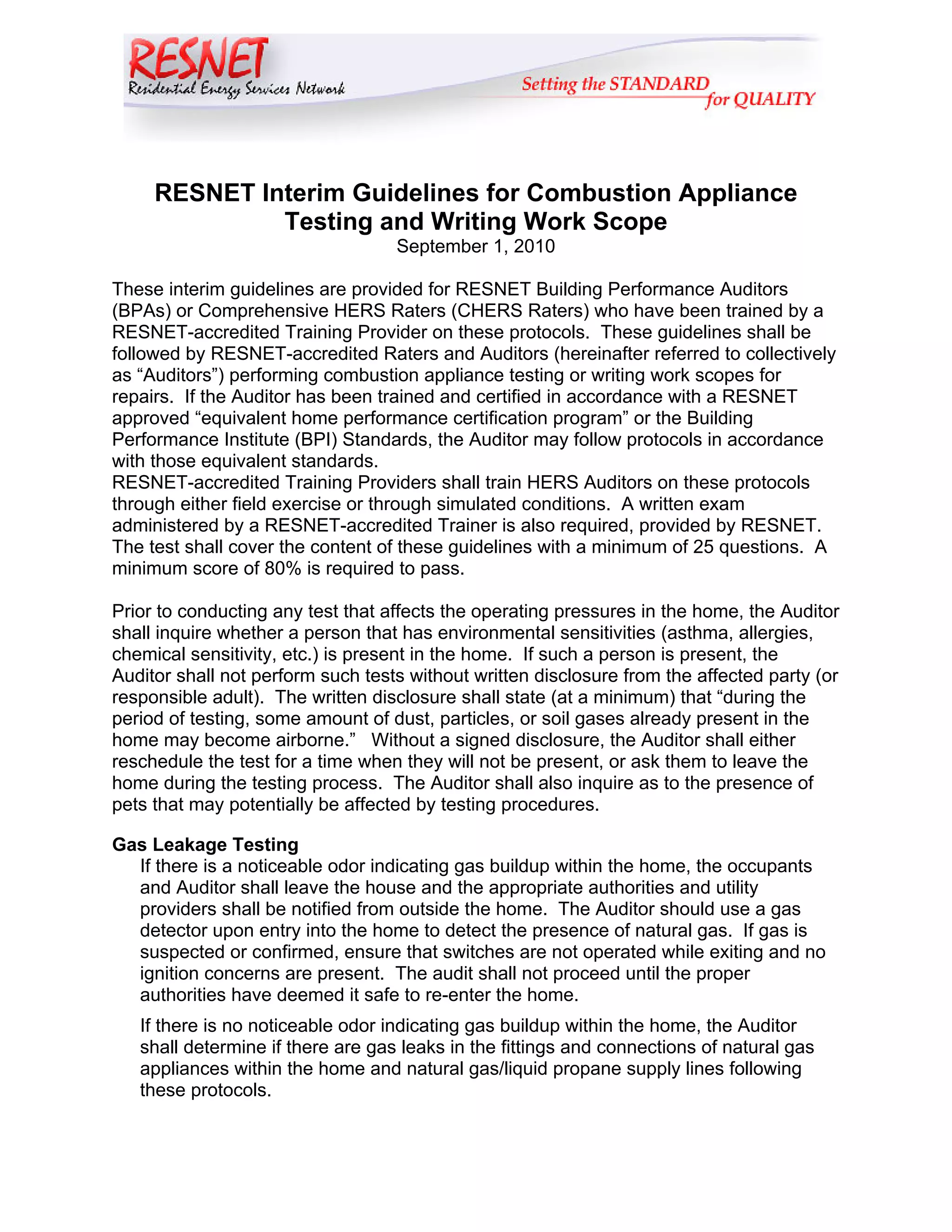 RESNET: Interim Guidelines for Combustion Safety Scope of Work | PDF