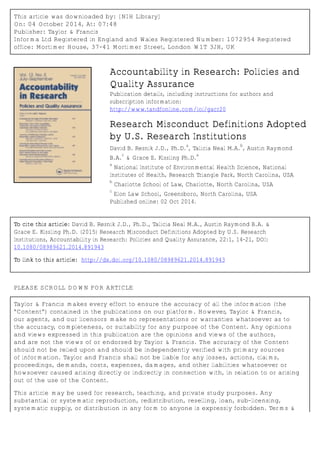 Research Misconduct Definitions Adopted by U.S. Research Institutions | PDF