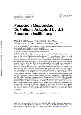 Research Misconduct Definitions Adopted by U.S. Research Institutions | PDF