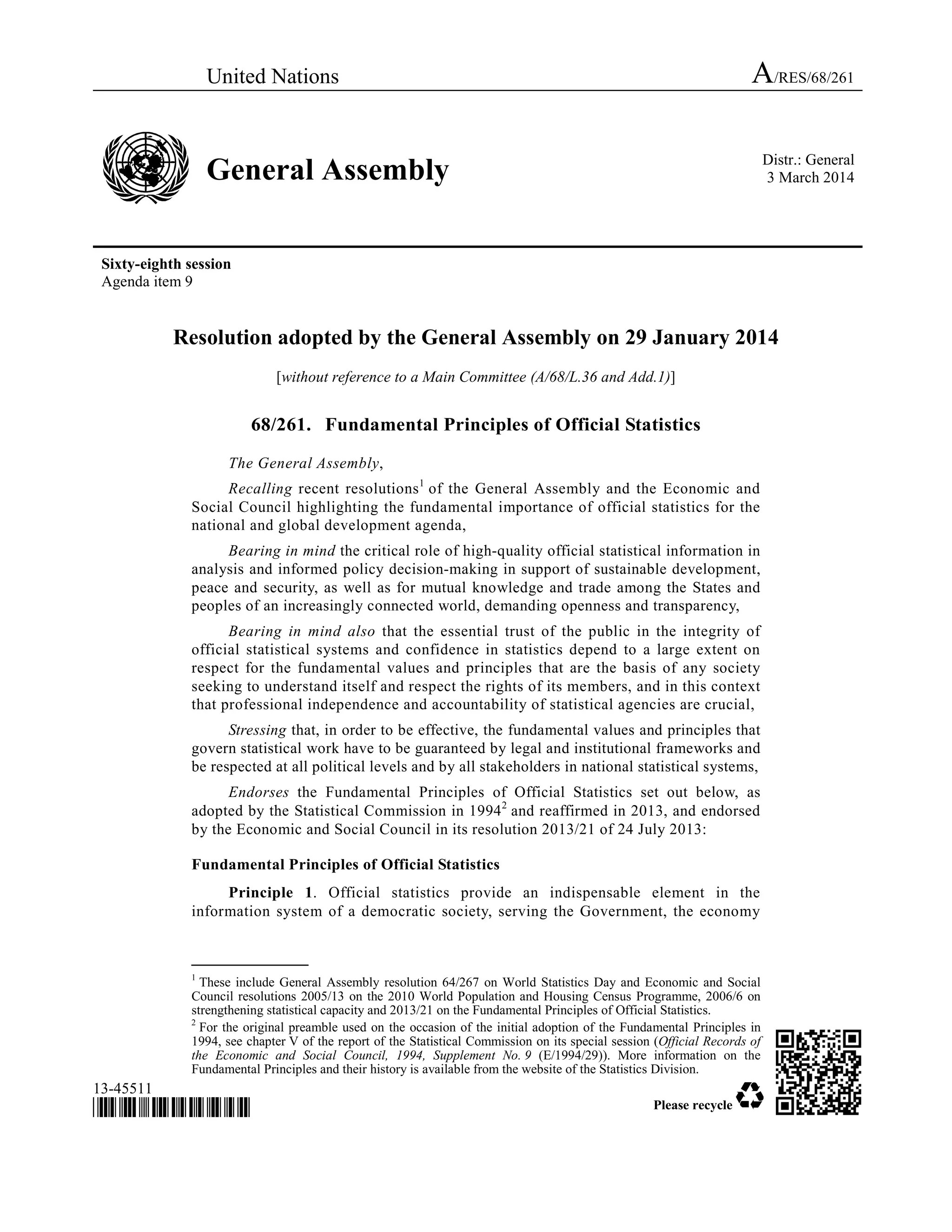 Resolution 68/261: Fundamental Principles of Official Statistics | PDF