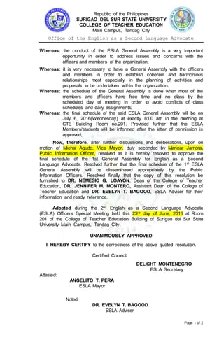 Resolution for final schedule of the ist general assembly meeting | DOCX