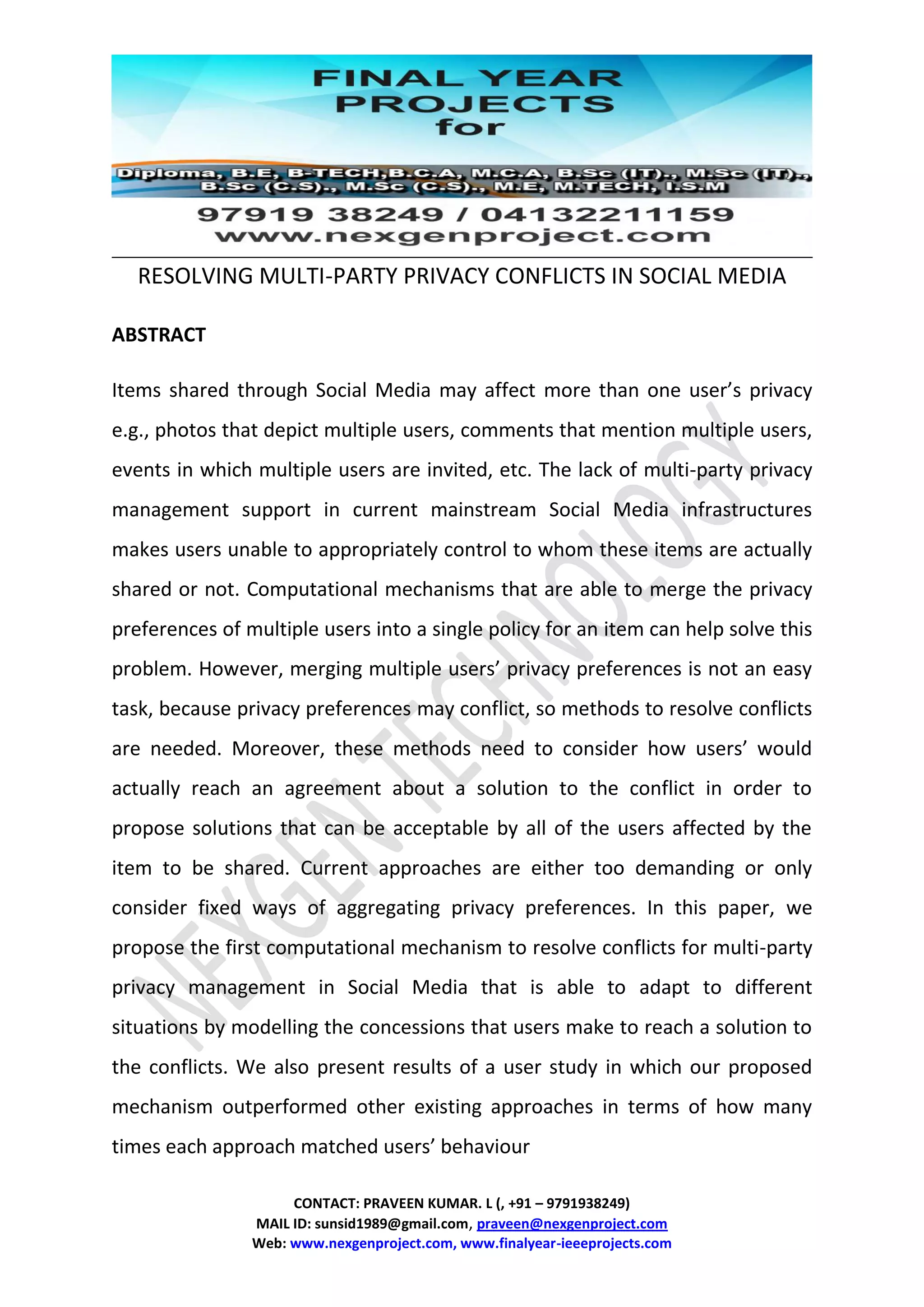 RESOLVING MULTI-PARTY PRIVACY CONFLICTS IN SOCIAL MEDIA | PDF