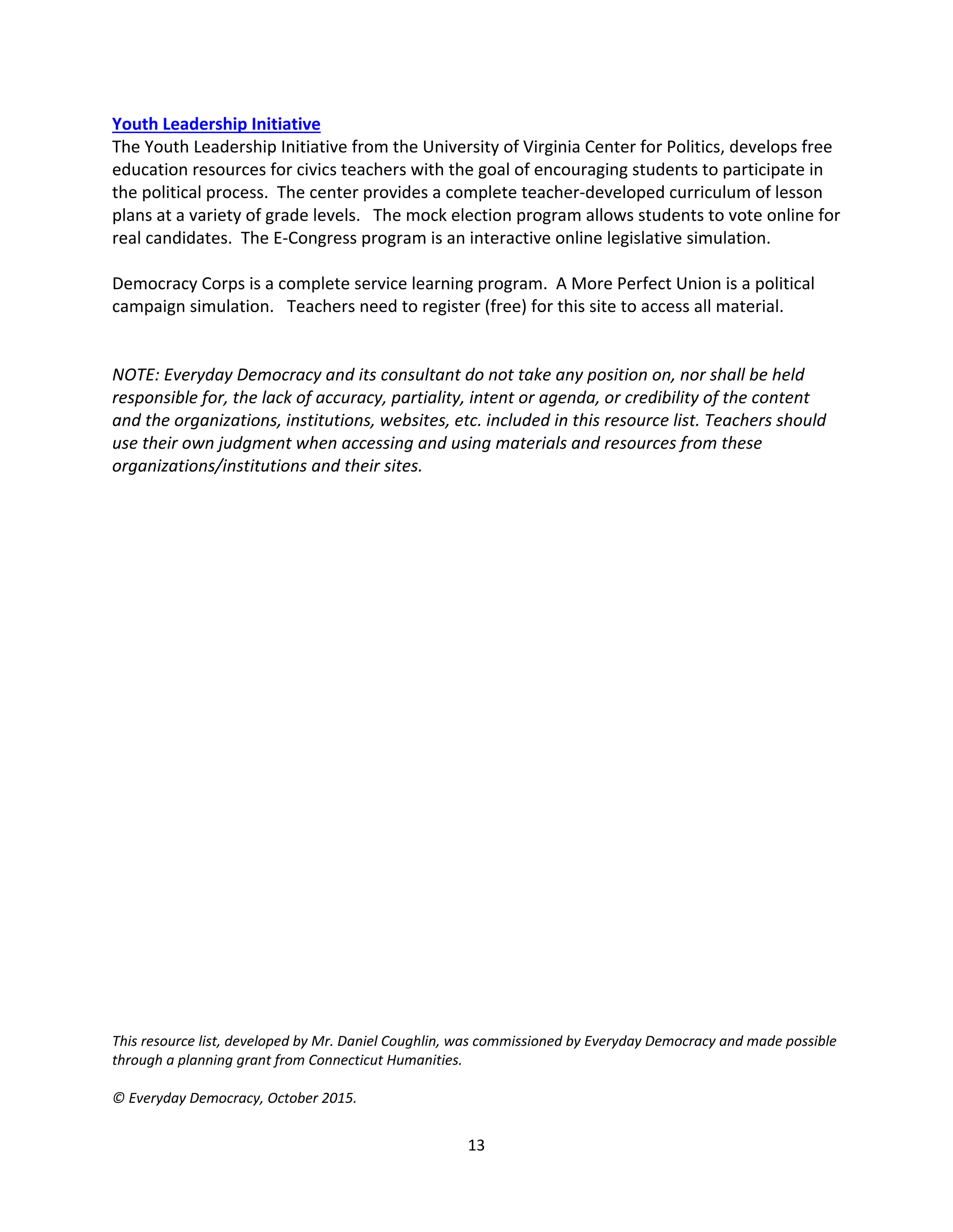 Resource List for Civics Teachers | PDF