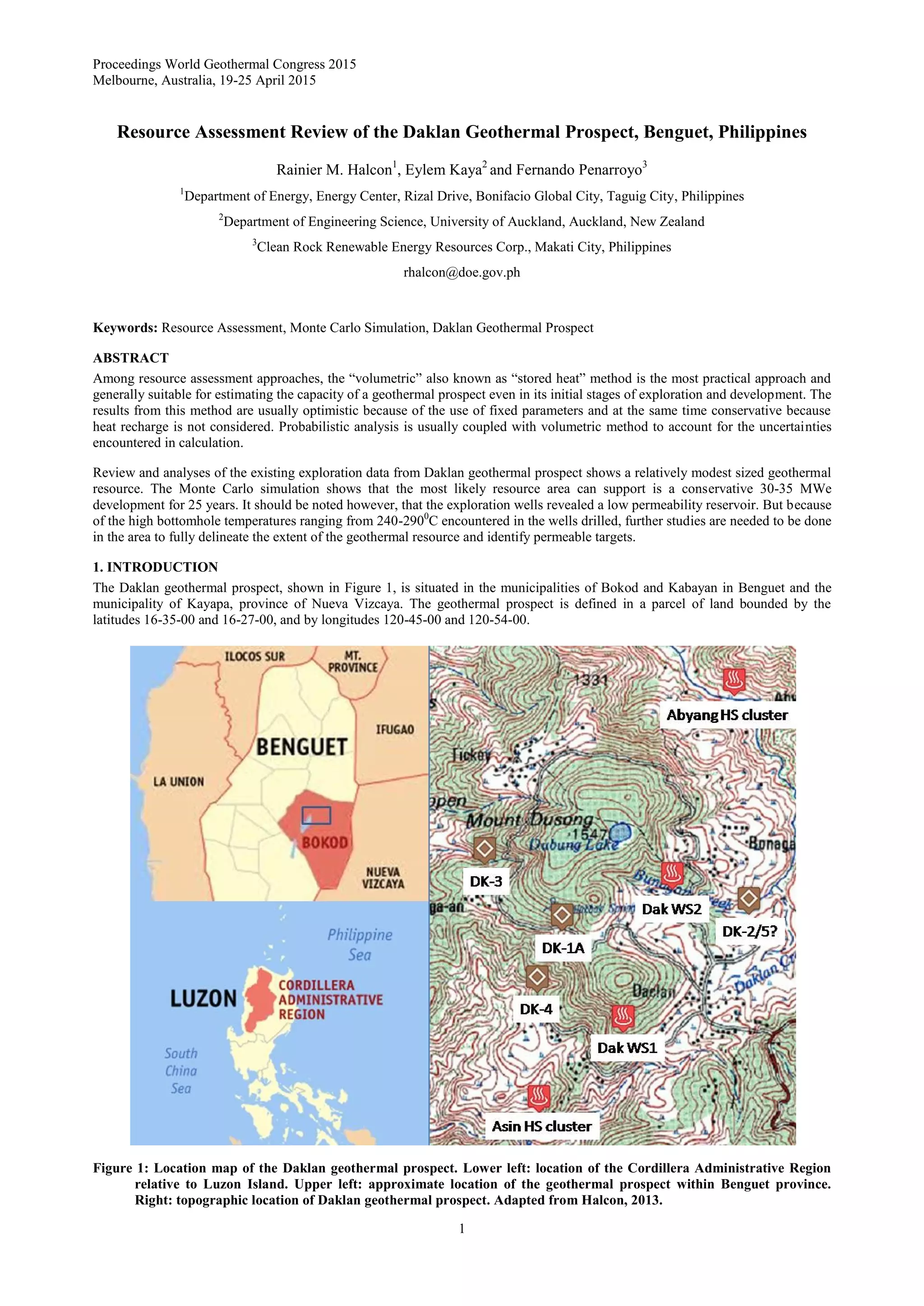 Resource Assessment of the Daklan Geothermal Prospect, Benguet ...