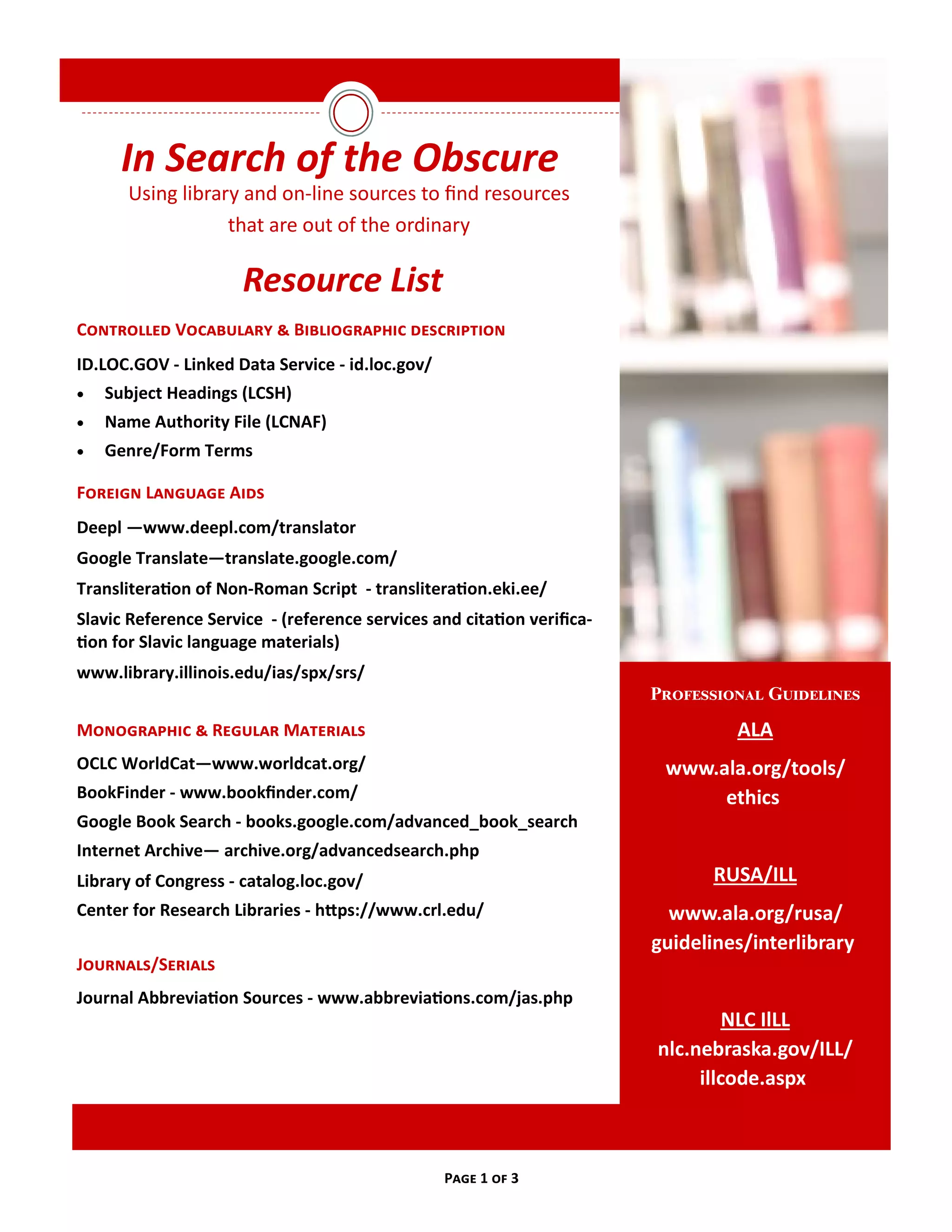 Resource List - In Search of the Obscure – Using Library & Online ...