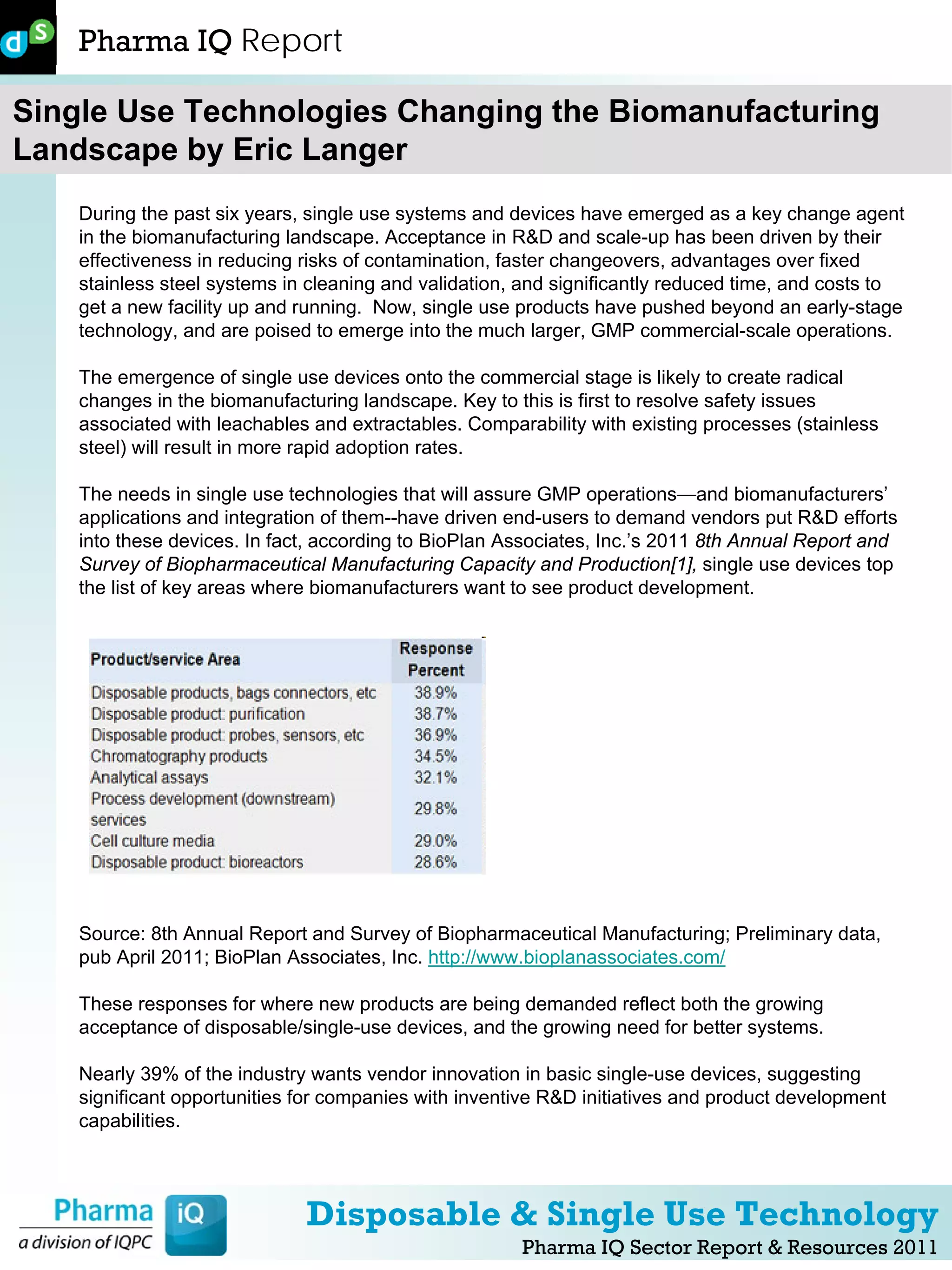 Single Use & Disposable Technology in Biomanufacturing | PDF