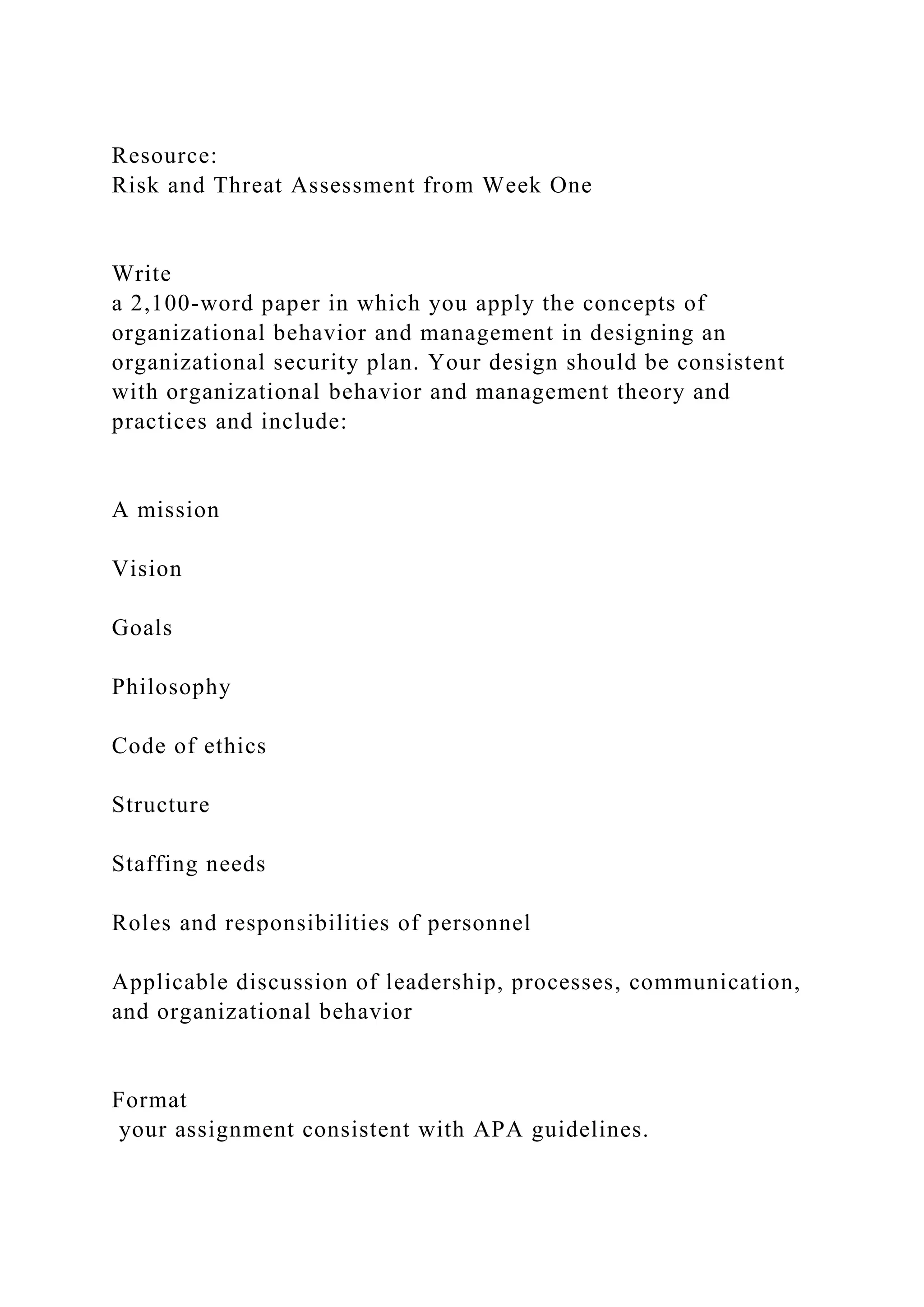 Resource Risk and Threat Assessment from Week OneWrite a .docx