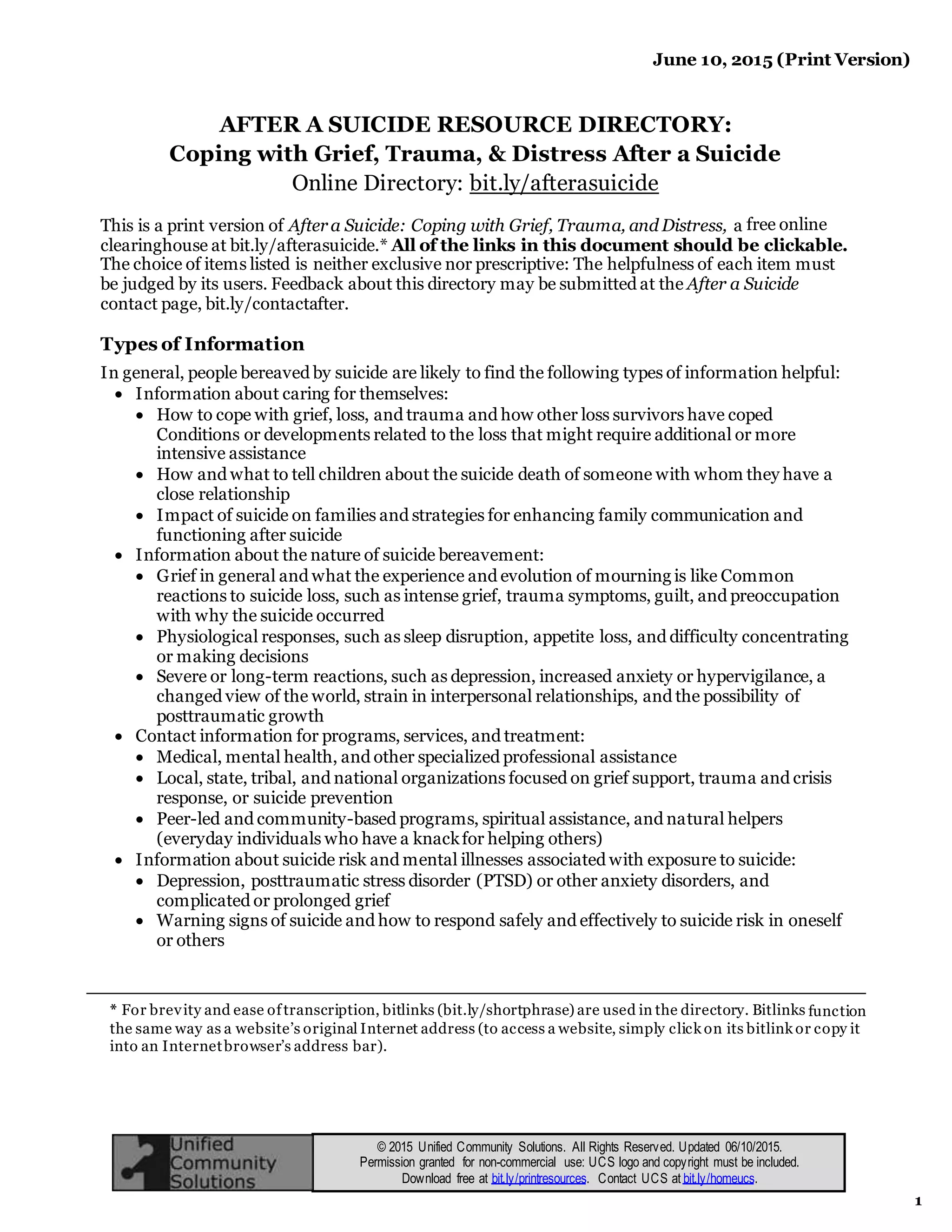 Resources: Coping with Grief, Trauma, & Distress After a Suicide | DOCX