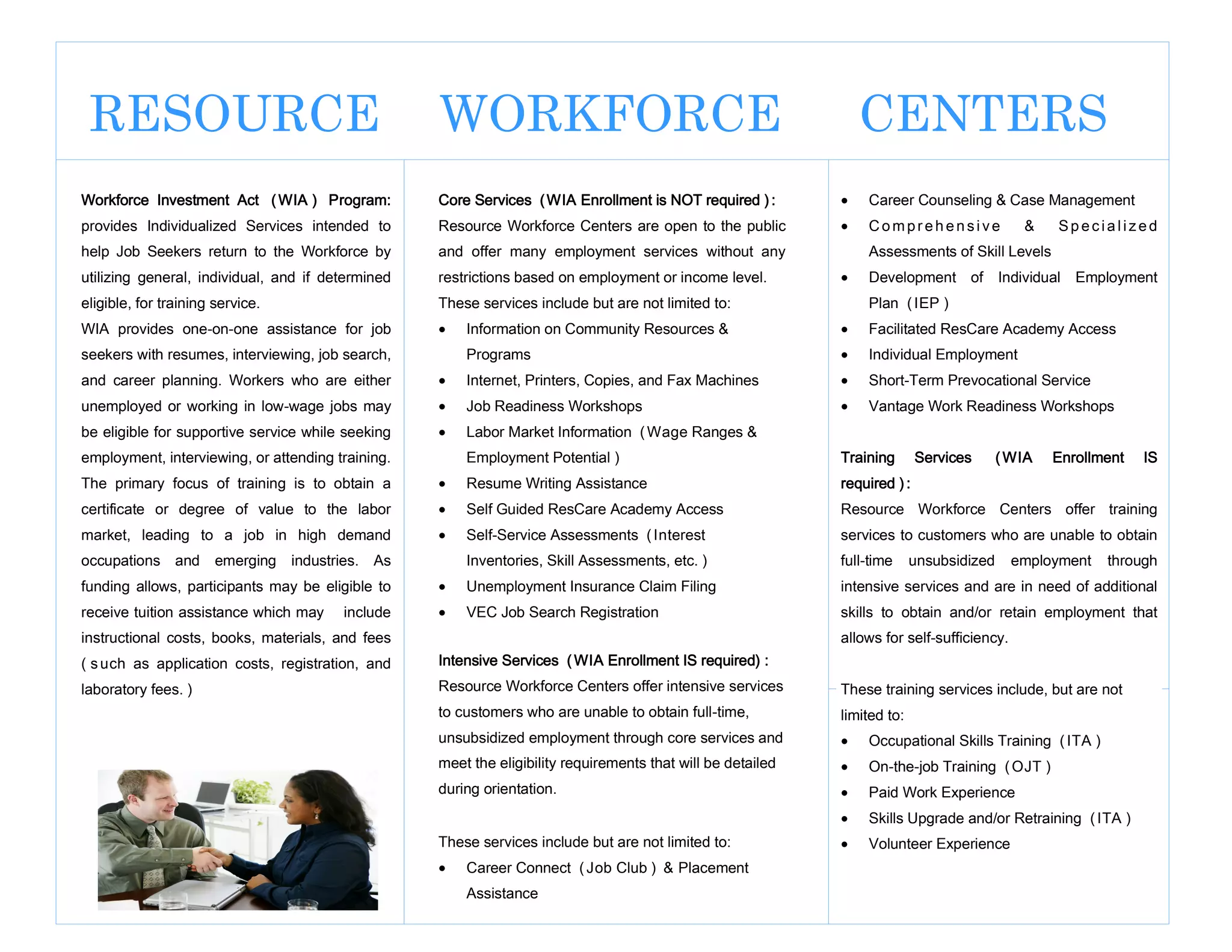 Resource Workforce Centers Brochure | PDF | Vocational Training | Careers