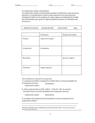 Respiración celular. Hojas de trabajo. Primero medio, Biología o plan ...