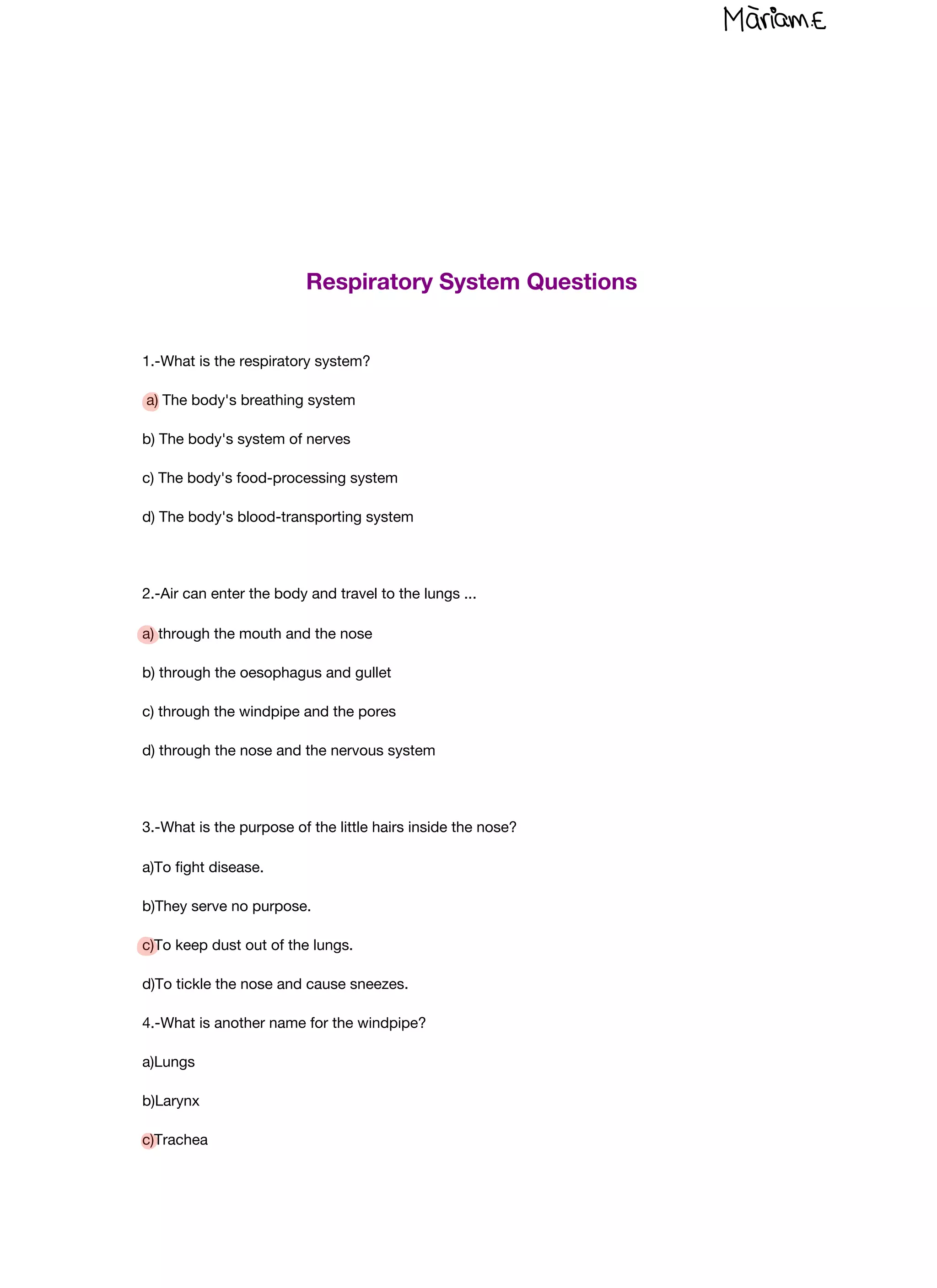 Respiratory system questions | PDF