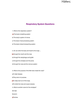 Respiratory system questions | PDF