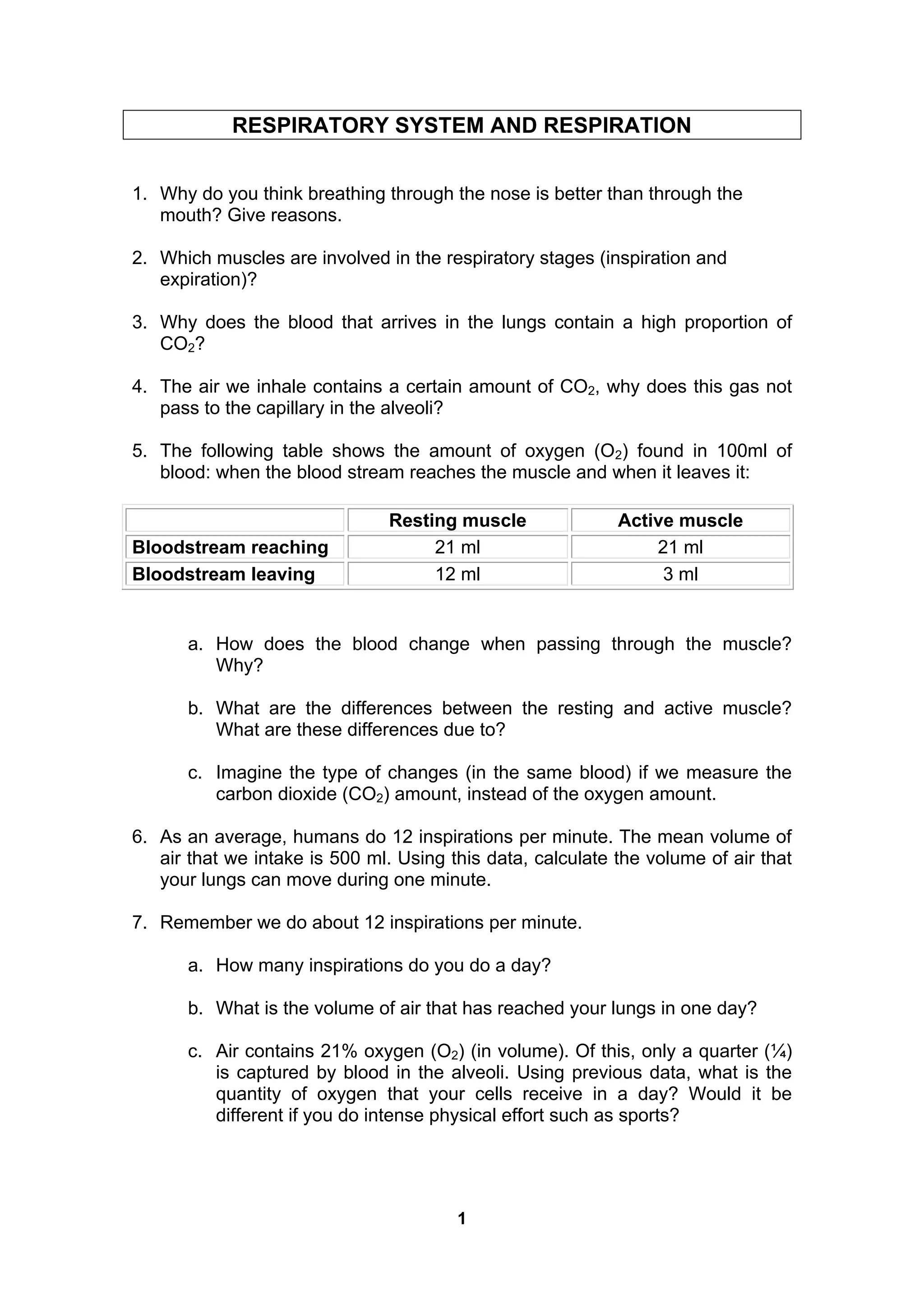 Respiratory system questions | PDF