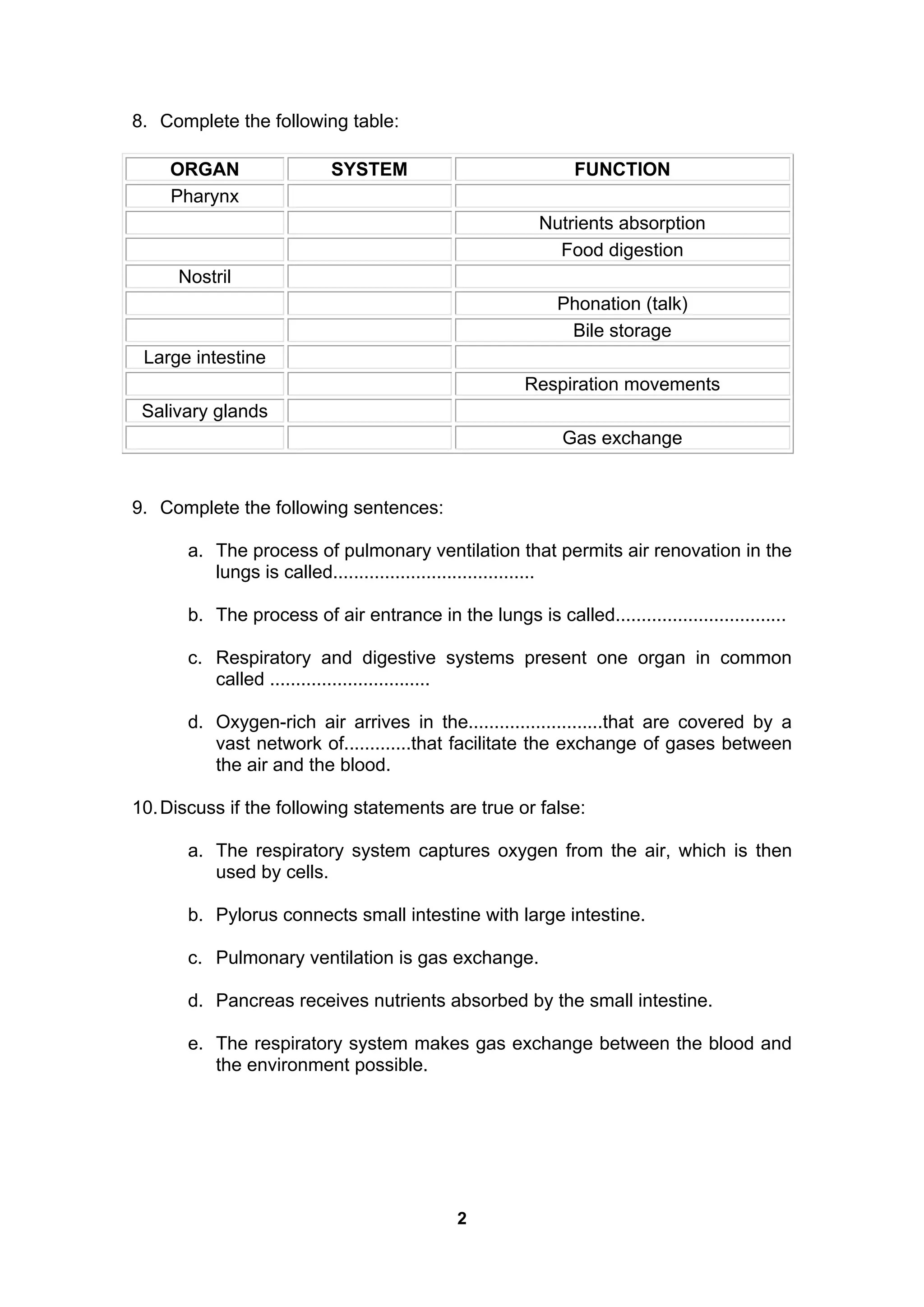 Respiratory system questions | PDF