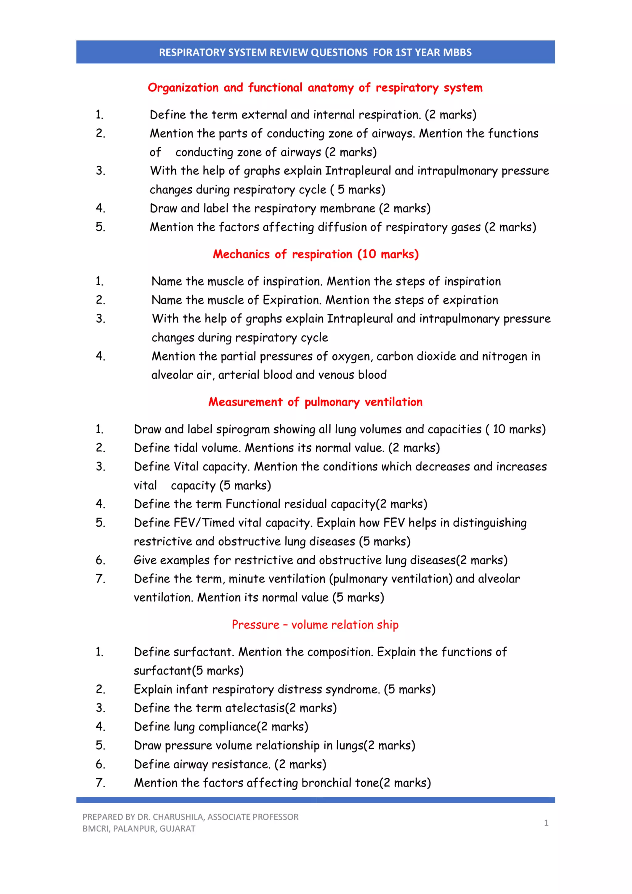 Respiratory System Review Questions for 1 st year MBBS | PDF