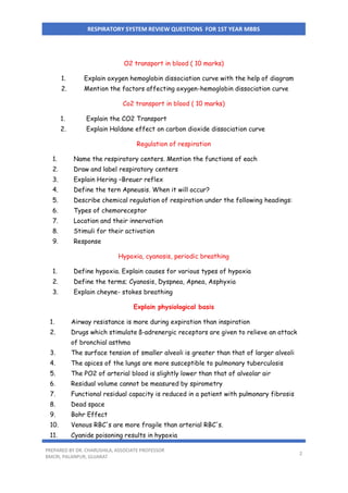 Respiratory System Review Questions for 1 st year MBBS | PDF