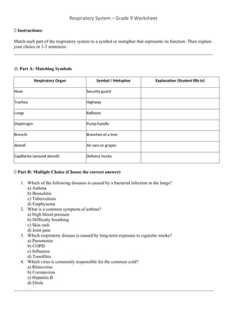 Respiratory System worksheet that assess students cognitive development ...