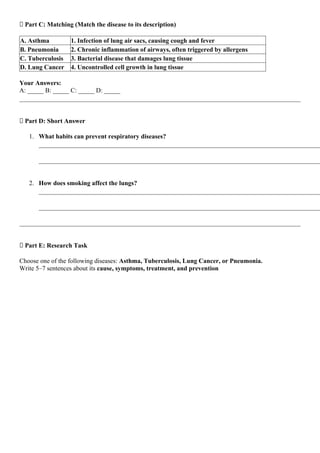 Respiratory System worksheet that assess students cognitive development ...