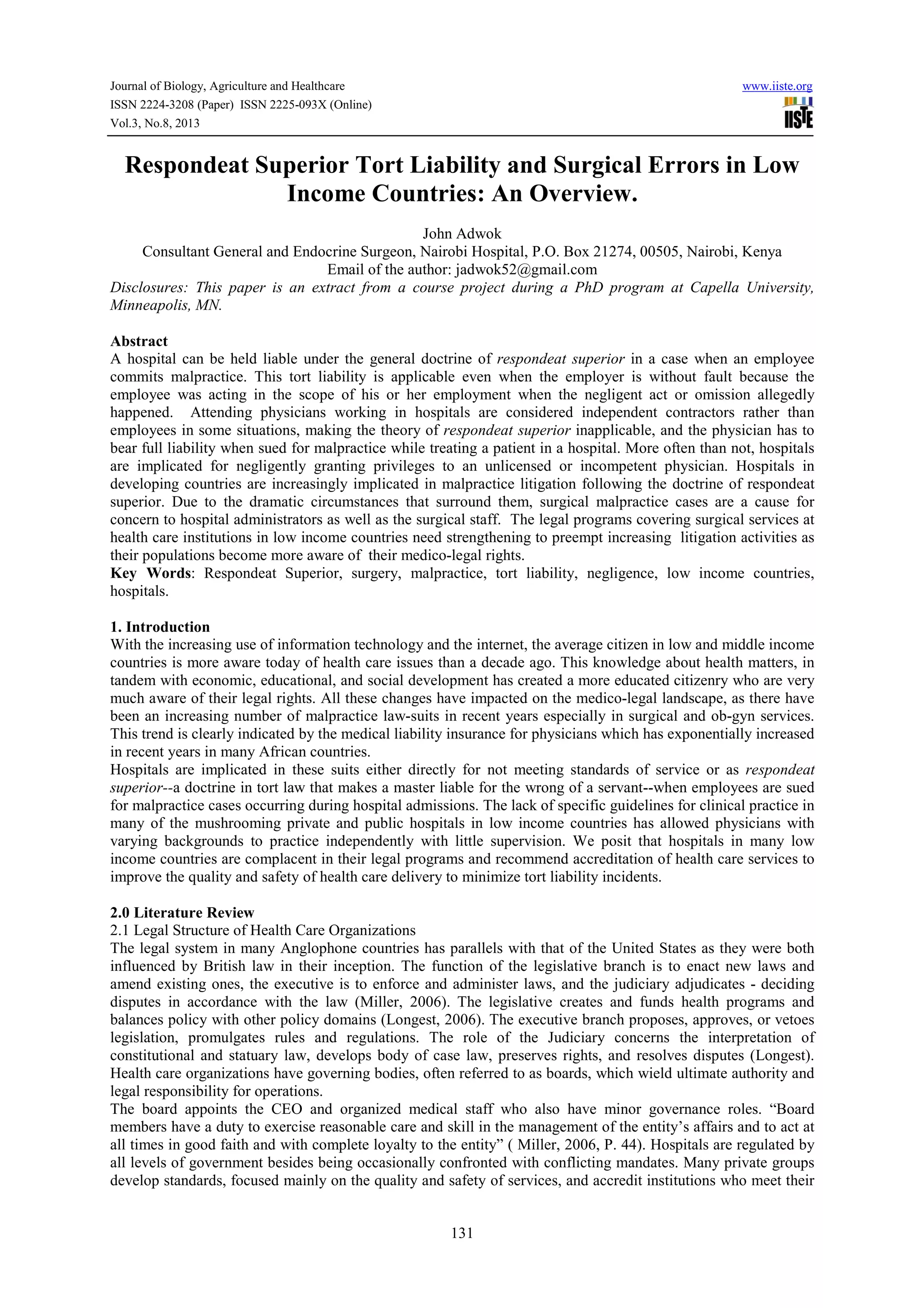 Respondeat superior tort liability and surgical errors in low income ...