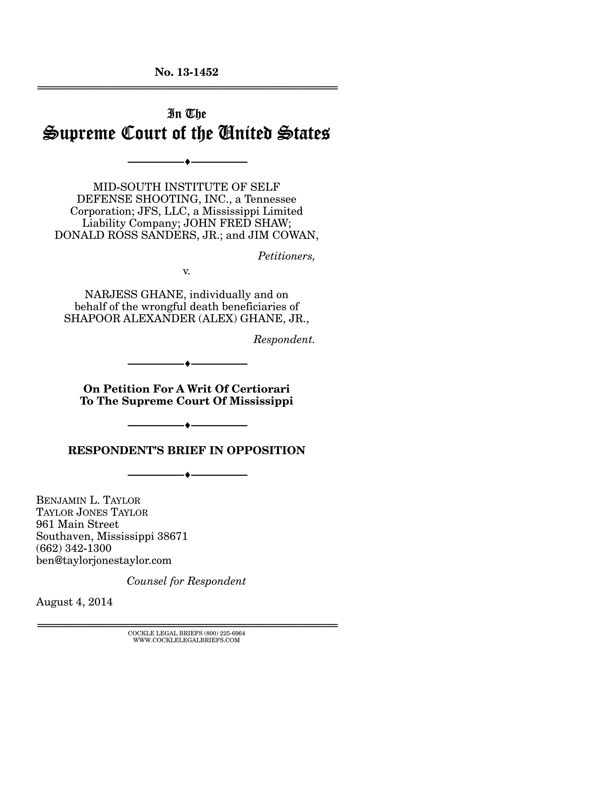 Alex Ghane v. Mid-South and John Shaw - Respondents Brief in Opposition ...