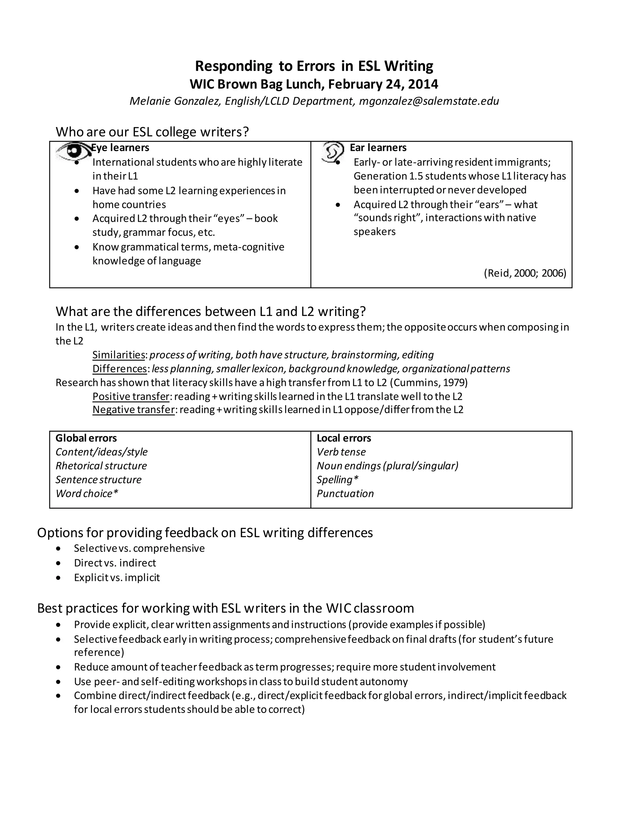 Responding to errors in esl writing | DOCX