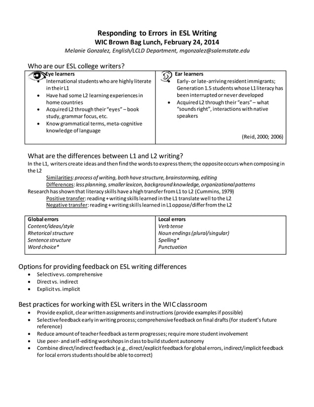 Responding to errors in esl writing | DOCX