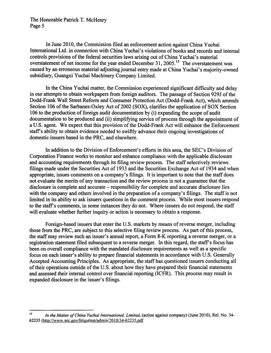 Response Letter from SEC Chairman Schapiro to Congressman McHenry Reg…