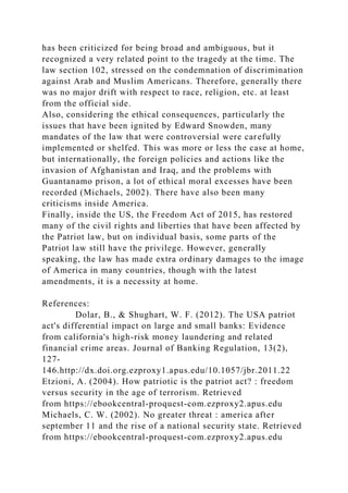 Response one PADM-07The USA Patriot Act of 2001 aims at eradicat.docx