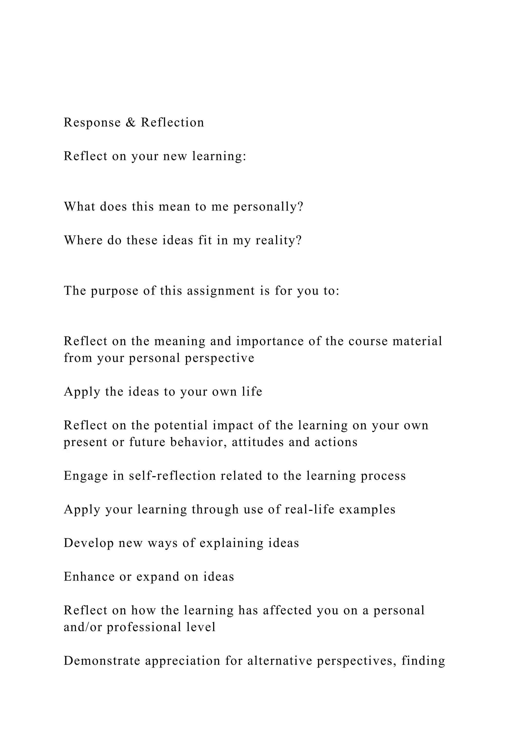 Response ReflectionReflect On Your New LearningWhat docx Response ReflectionReflect On Your New LearningWhat docx
