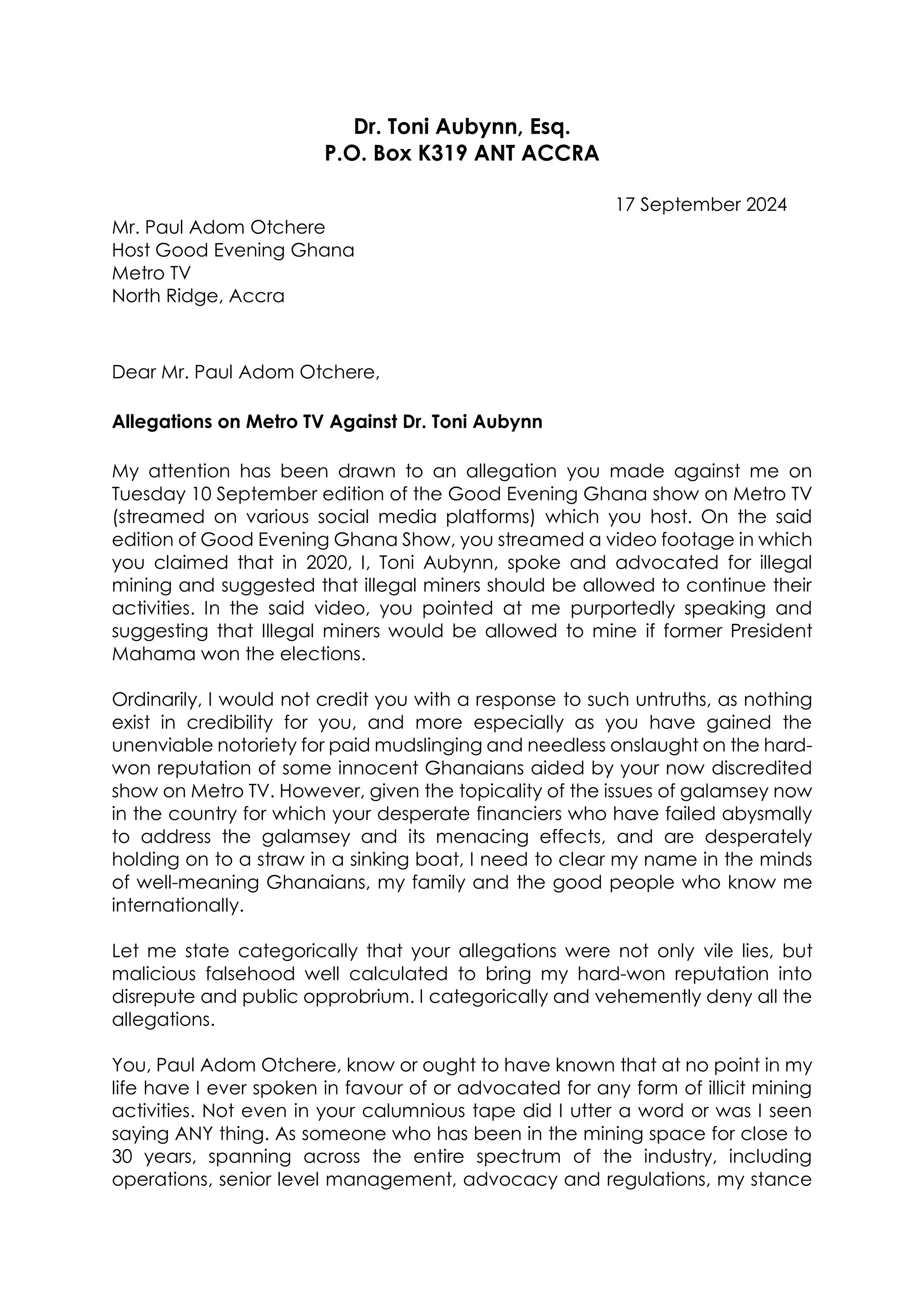 Dr. Toni Aubynn writes to Paul Adom Otchere; demands Retraction and ...