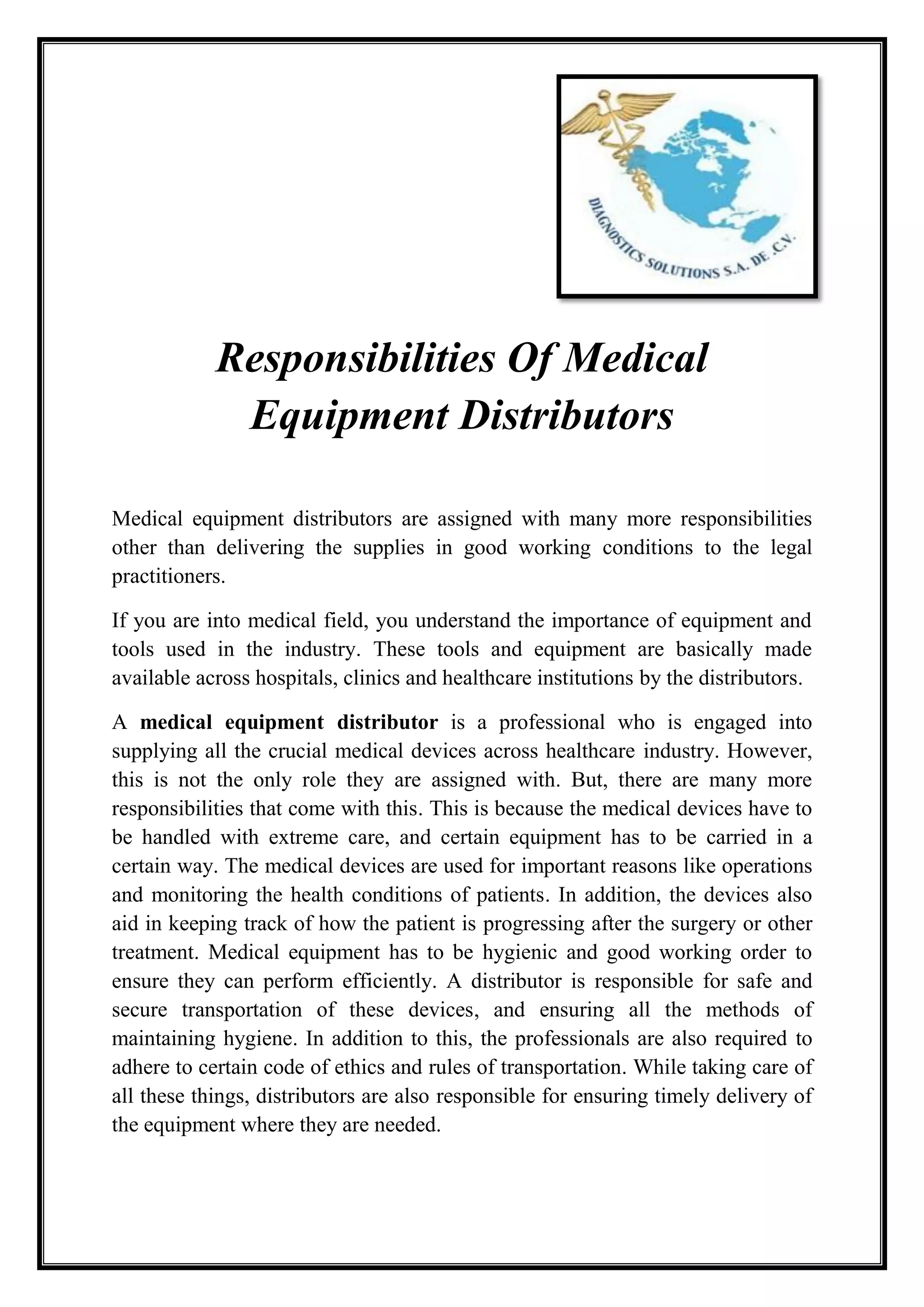 Responsibilities of medical equipment distributors | PDF