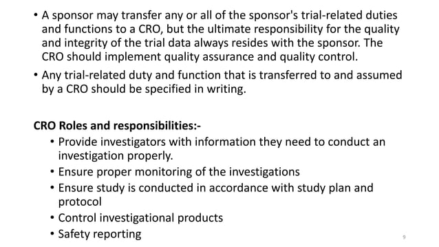 Roles and Responsibilities of sponsor, CRO, and investigator | PPTX