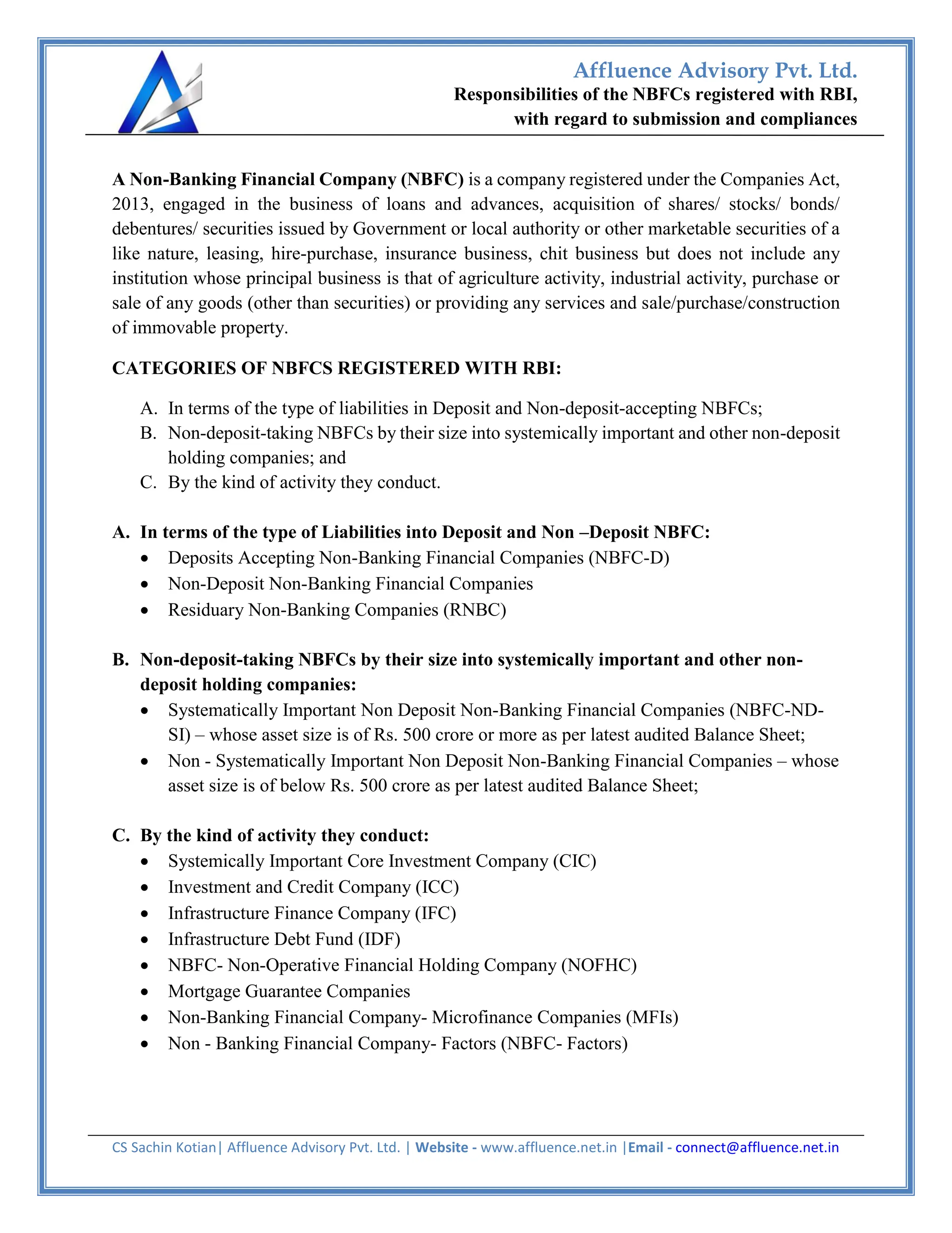 Responsibilities of the NBFCs registered with RBI, with regard to ...