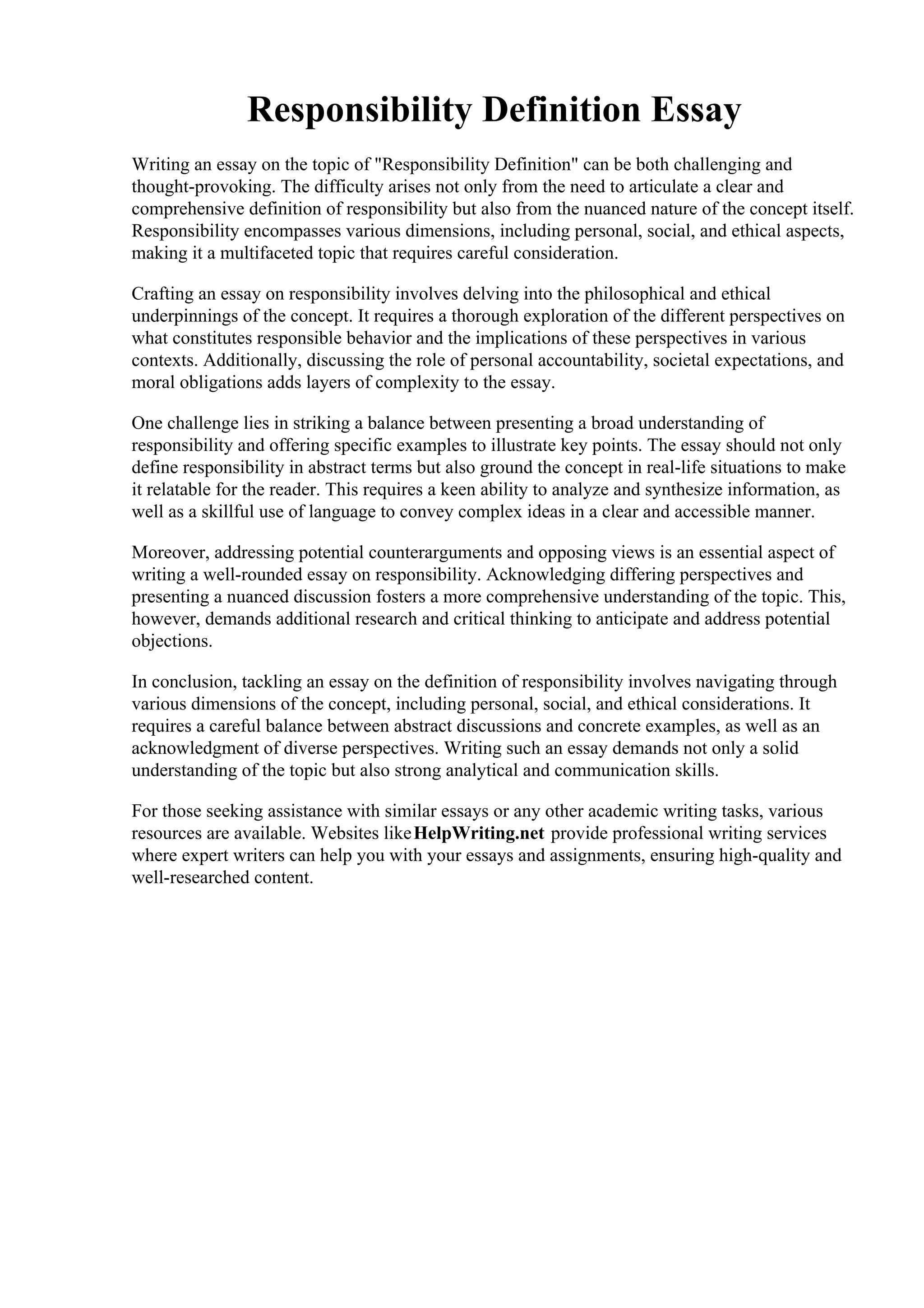 Responsibility Definition Essay | PDF