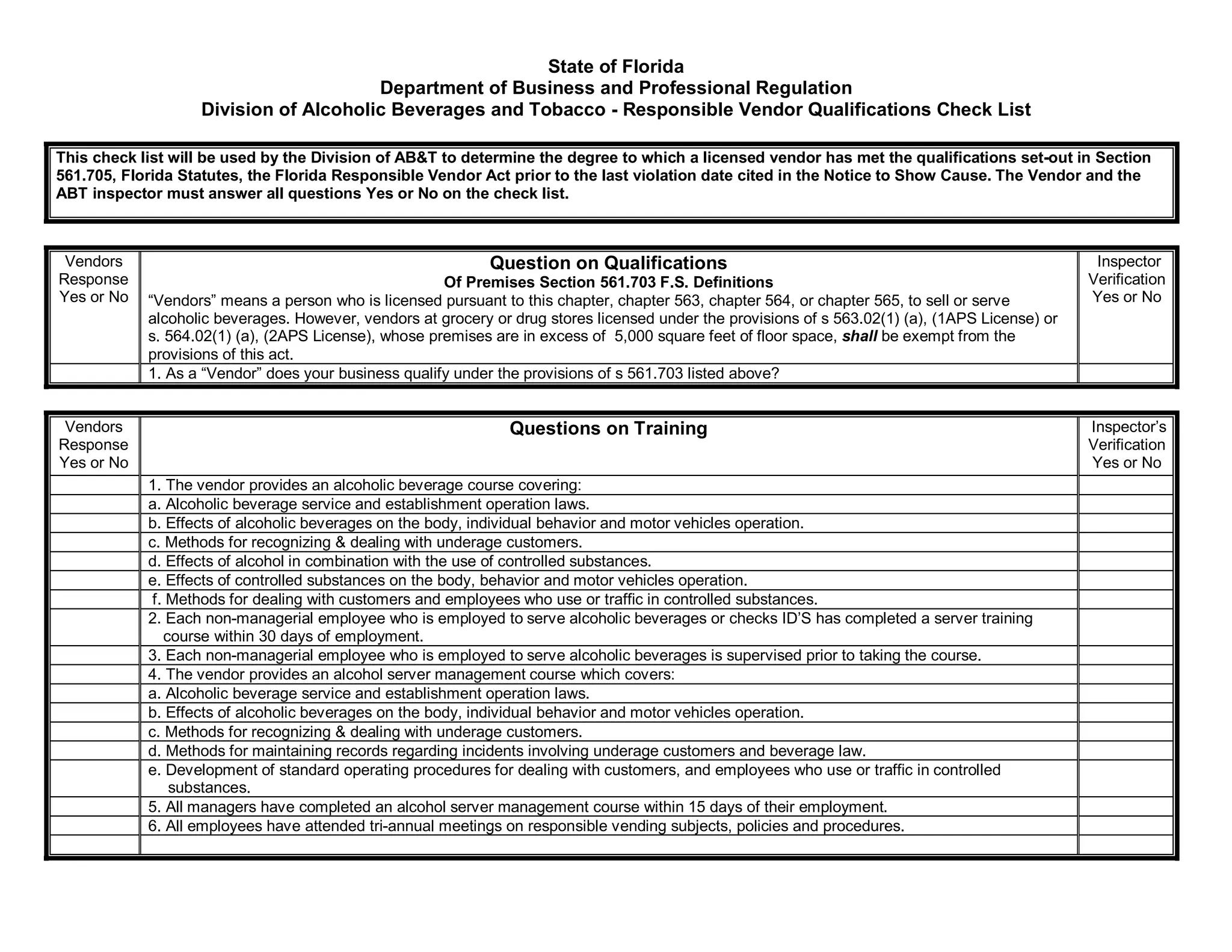 Responsible Vendor Qualifications Checklist | PDF