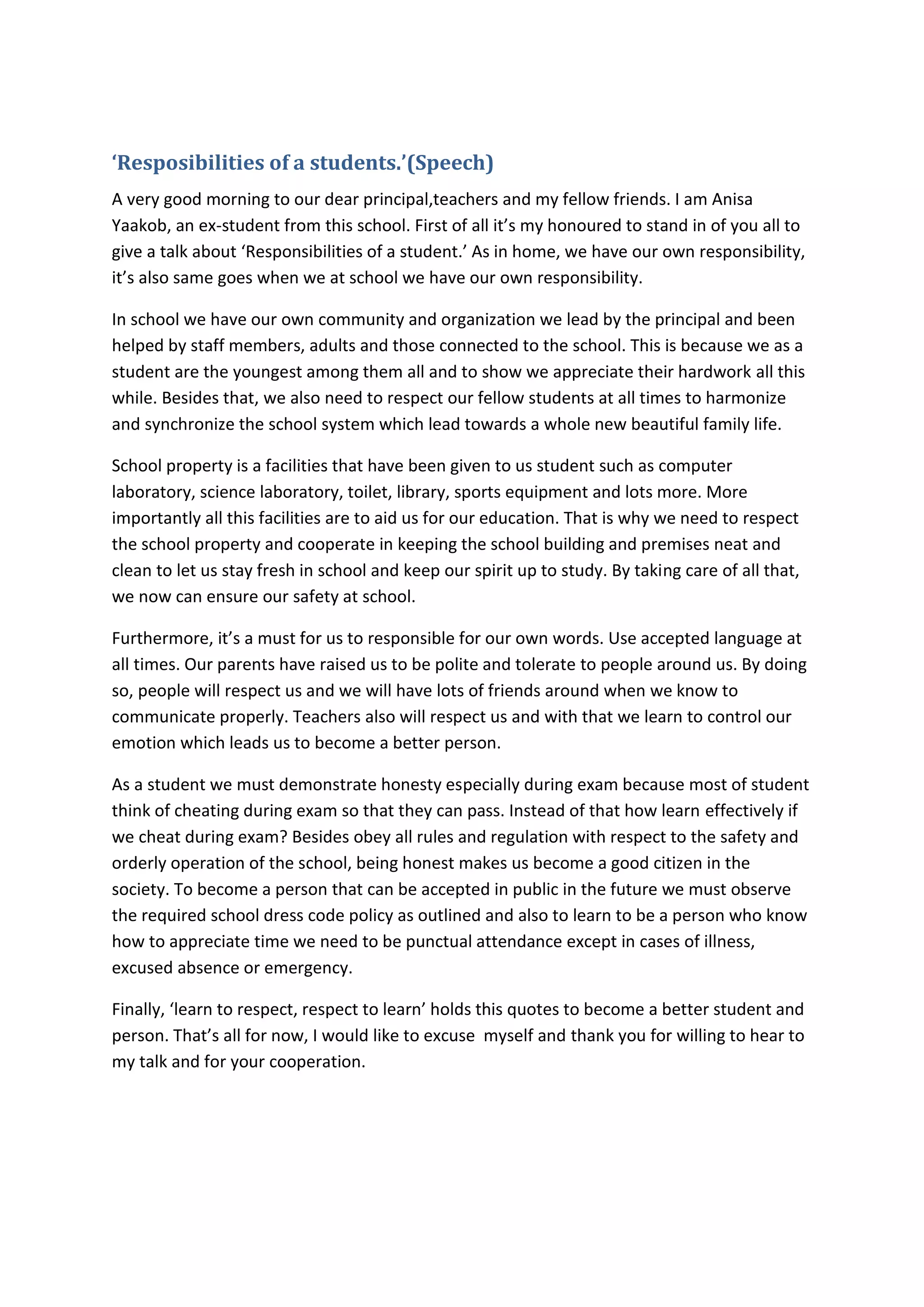 Resposibilities of a students | DOCX