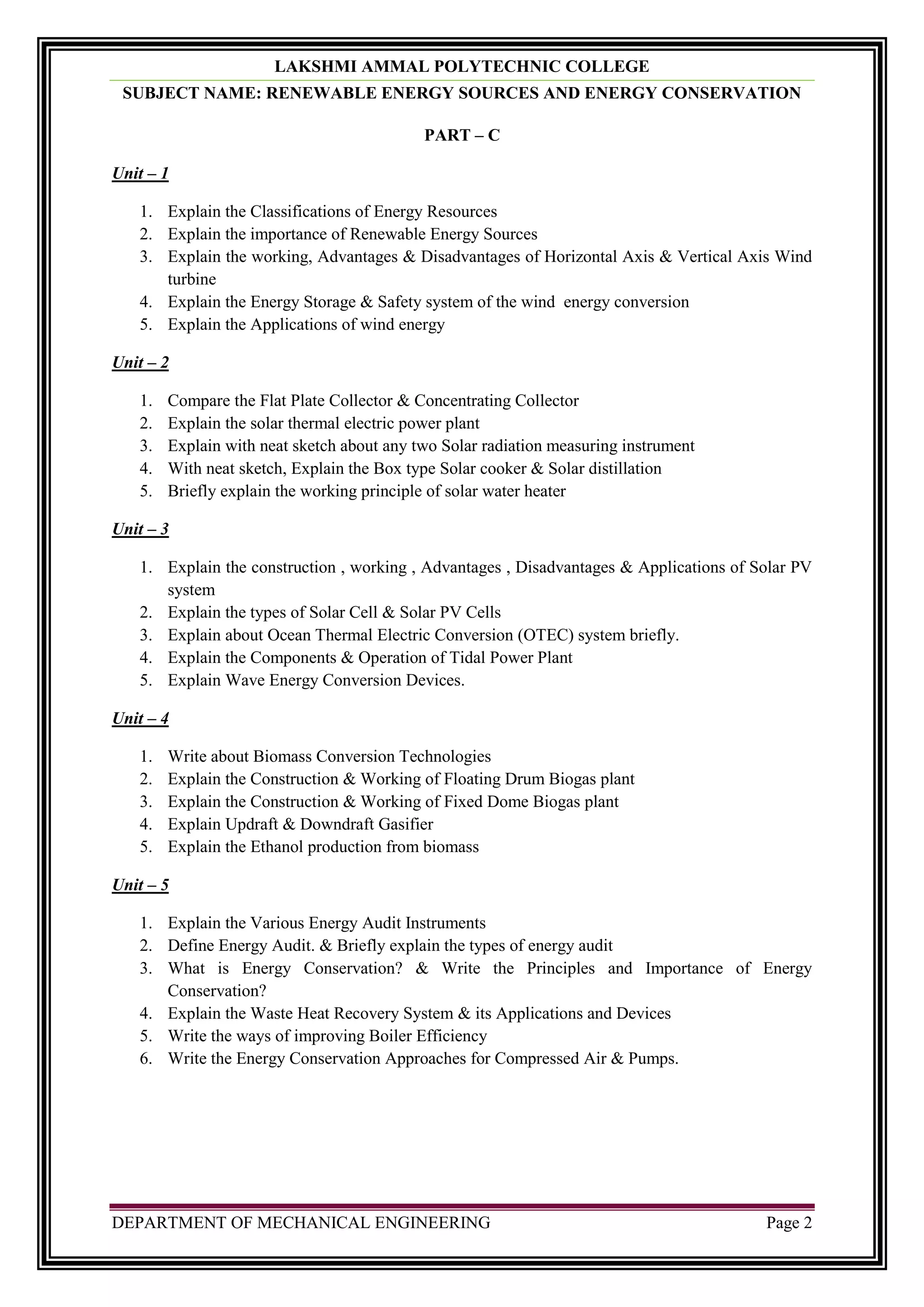 Renewable Energy Sources and Energy Conservation 2 markspdf | PDF