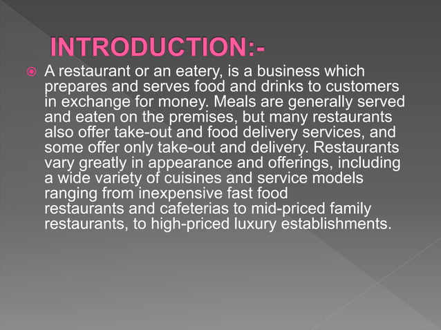 INTRODUCTION TO RESTAURANT | PPTX | Bars & Restaurants | Attractions